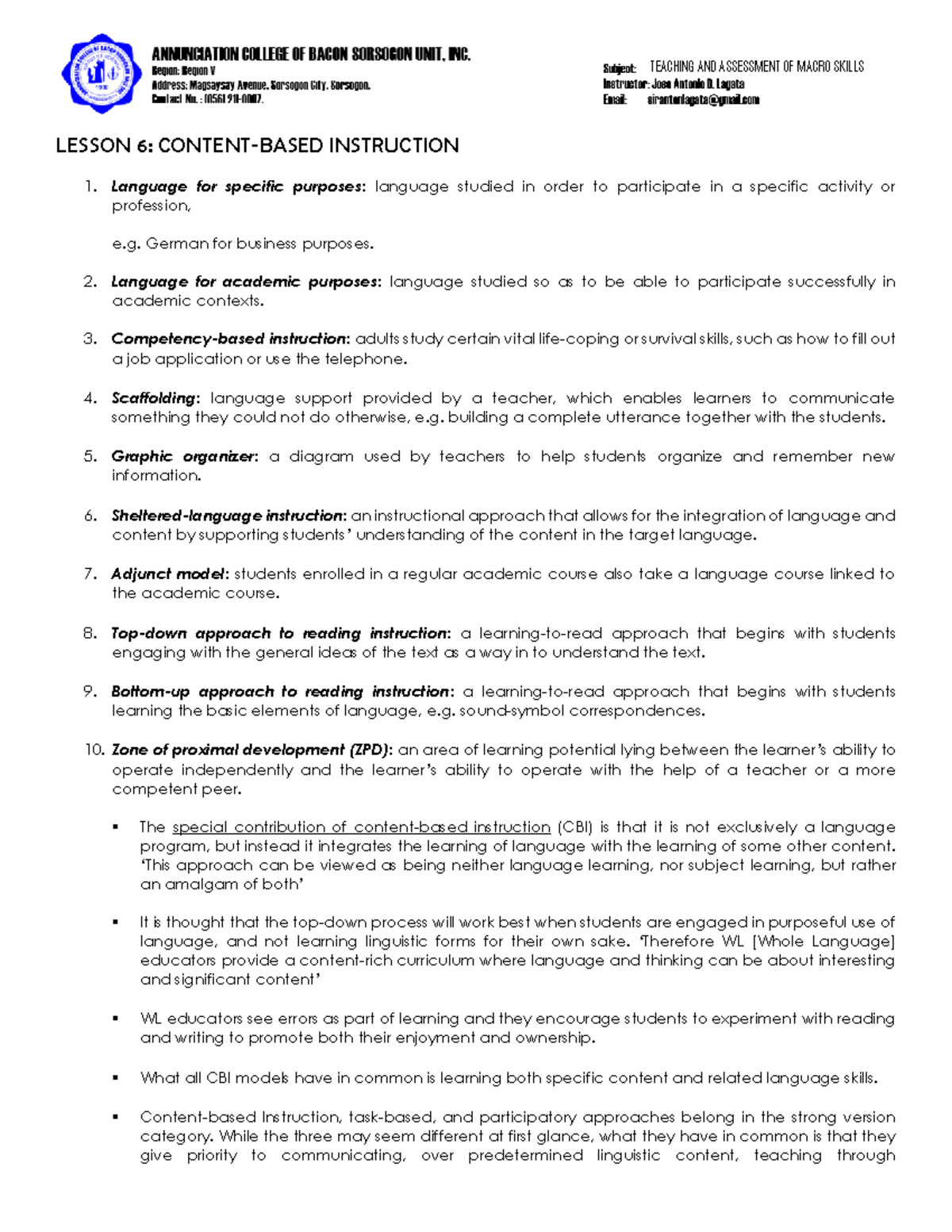 L4 Macro Skills - LESSON 6: CONTENT-BASED INSTRUCTION Language for specific purposes: language ...