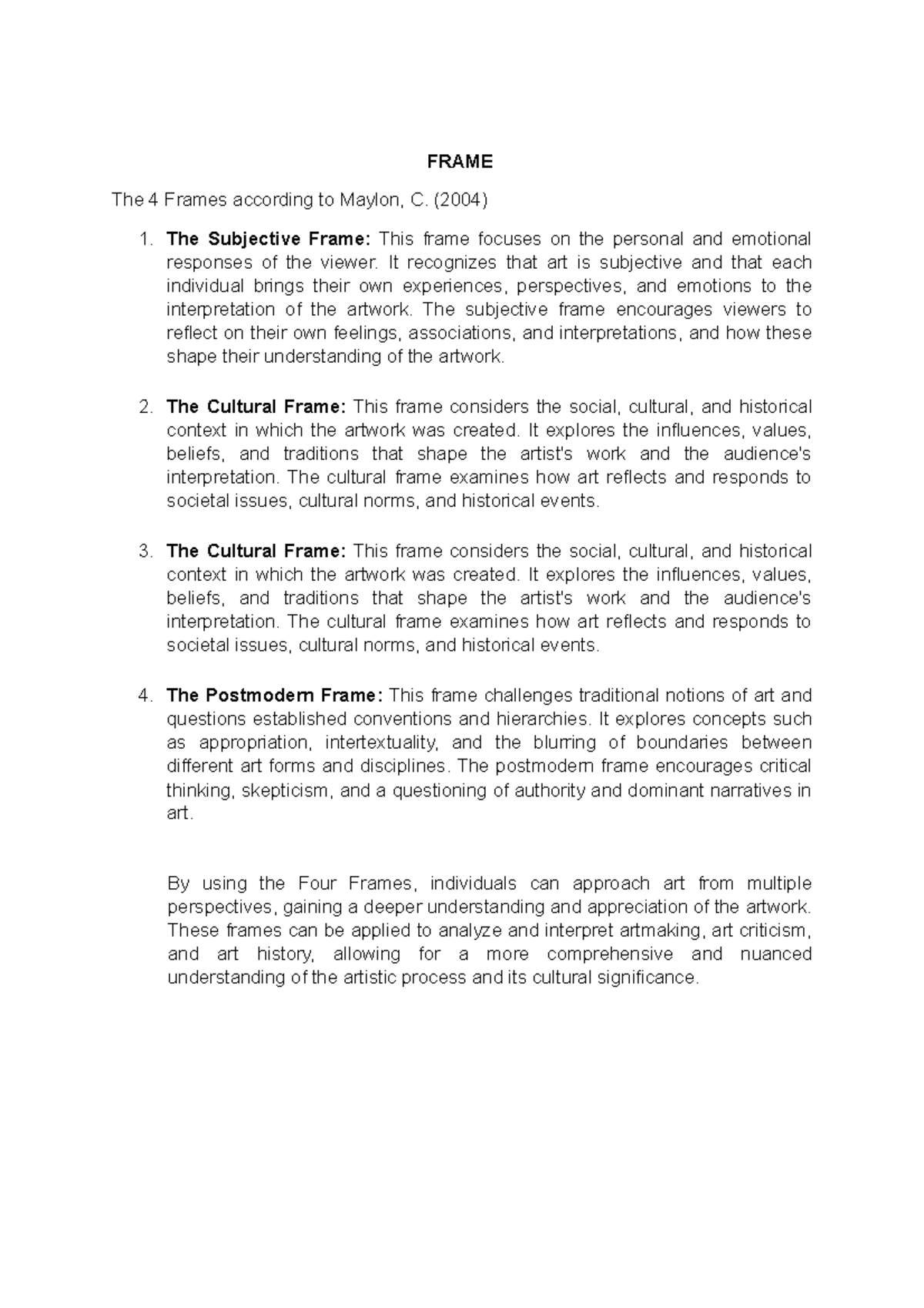 Frame - (2004) 1. The Subjective Frame: This frame focuses on the ...