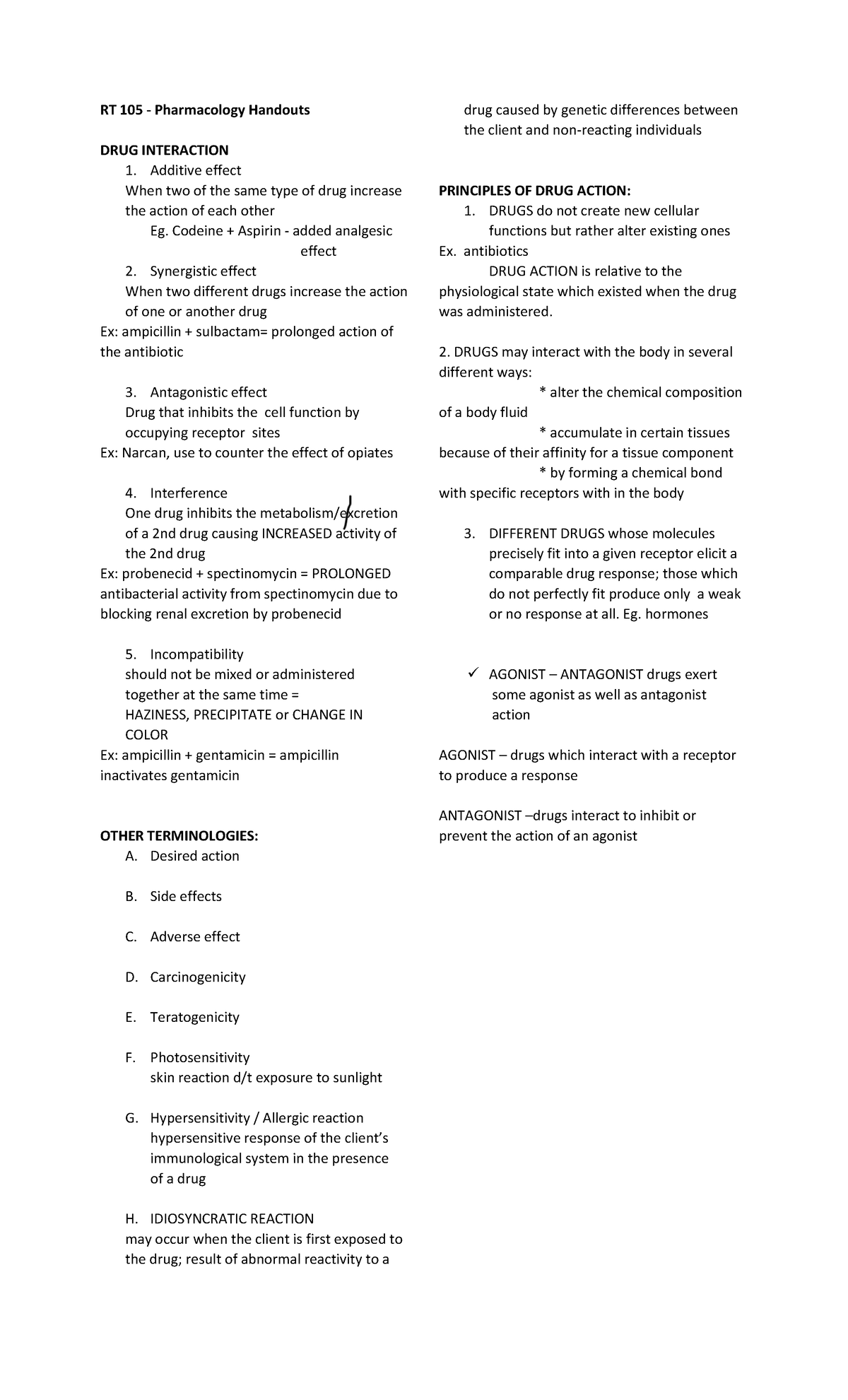 Pharmaco handout 1 - RT 105 - Pharmacology Handouts DRUG INTERACTION 1 ...