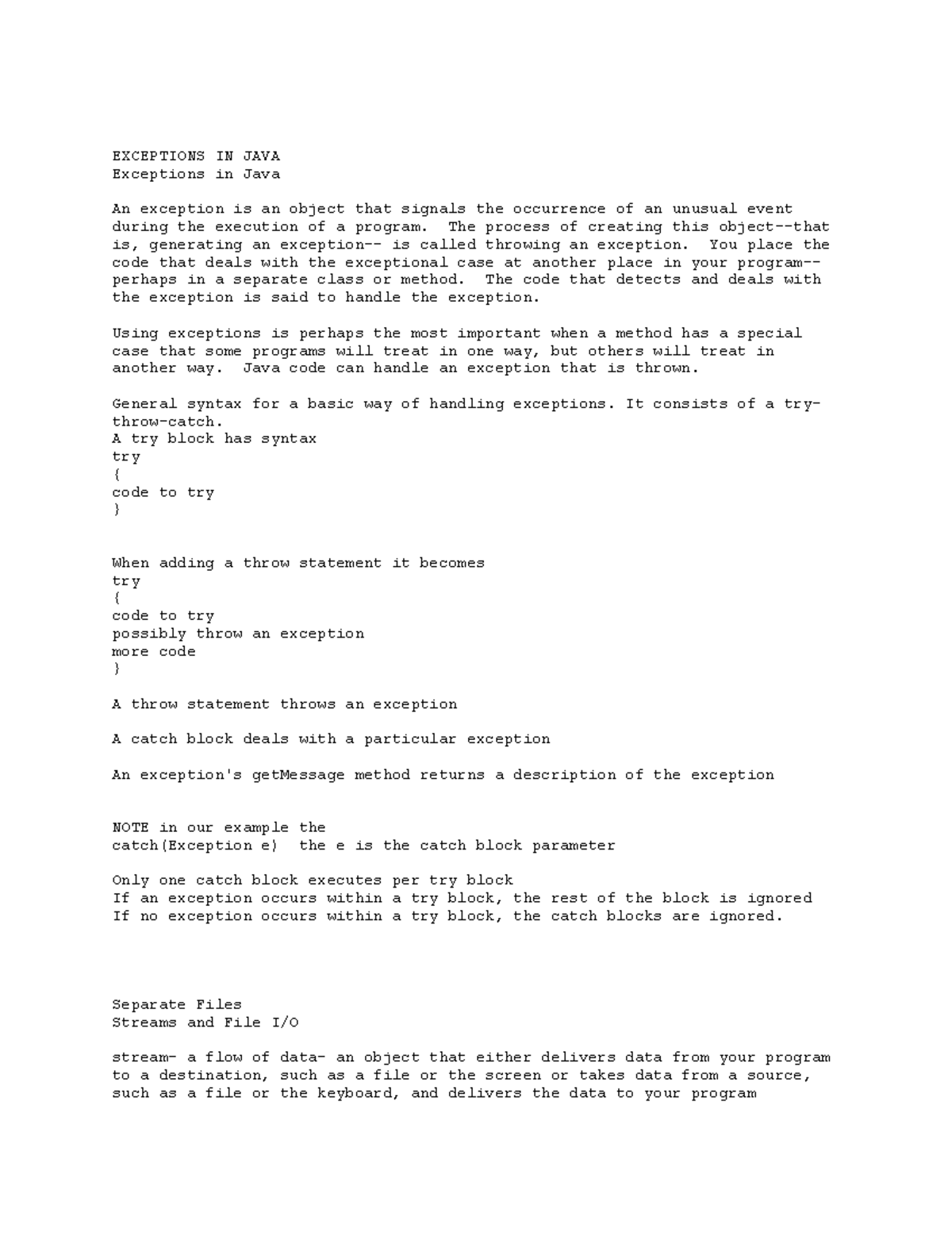 Exceptions AND Files IN JAVA - EXCEPTIONS IN JAVA Exceptions in Java An ...