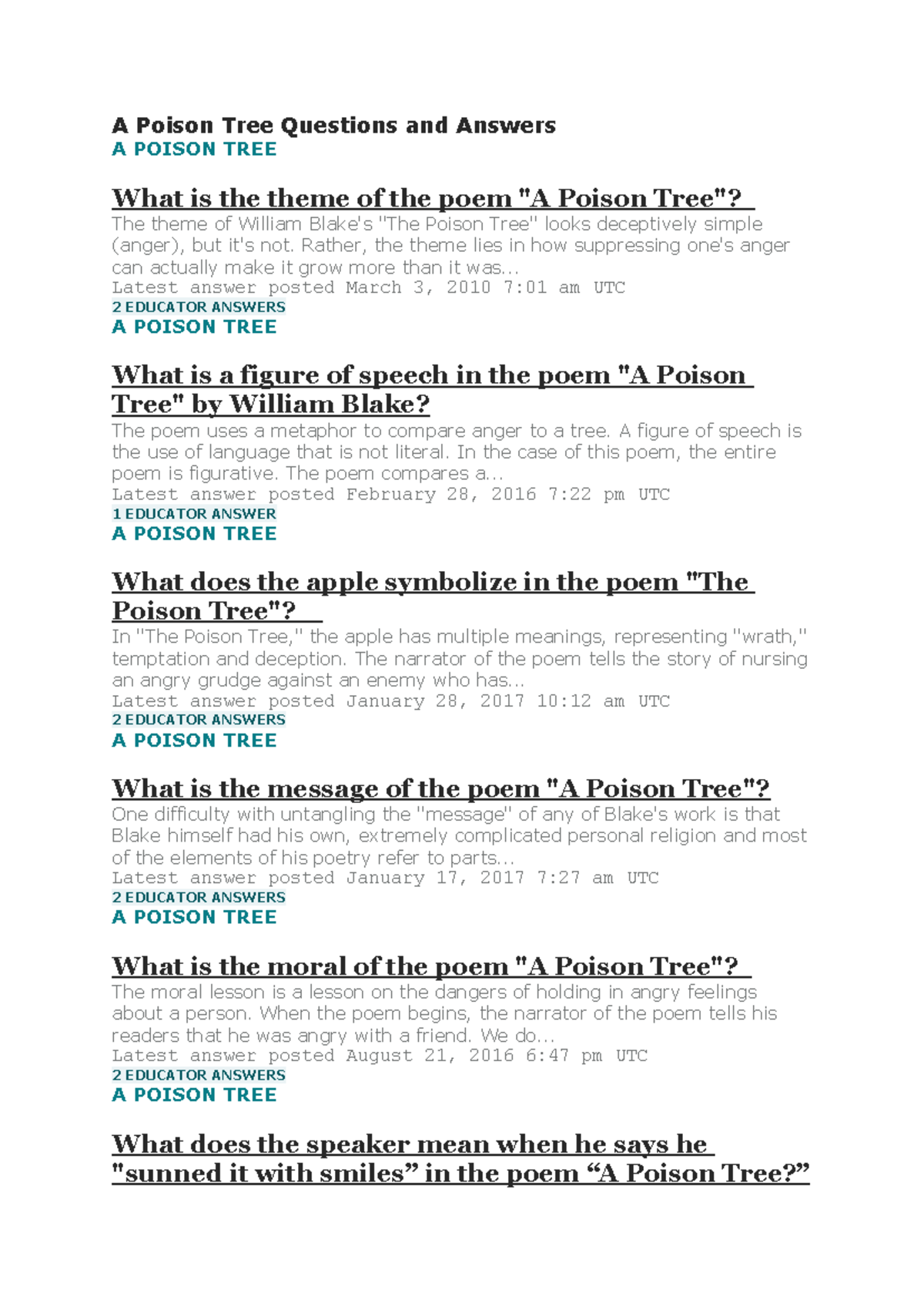 A Poison Tree Questions and Answers - Rather, the theme lies in how ...