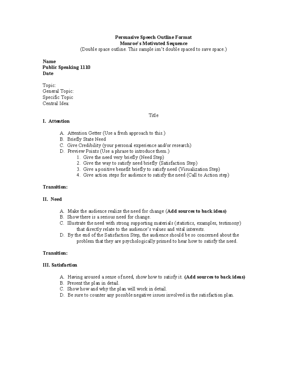 MMS Skeletal Outline Format - Persuasive Speech Outline Format Monroe’s ...