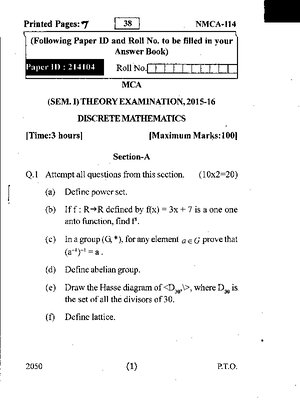 Mca 1 sem discrete mathematics rca 103 2017 - Printed Pages: 4 RCA I1O (Following Paper ID and ...