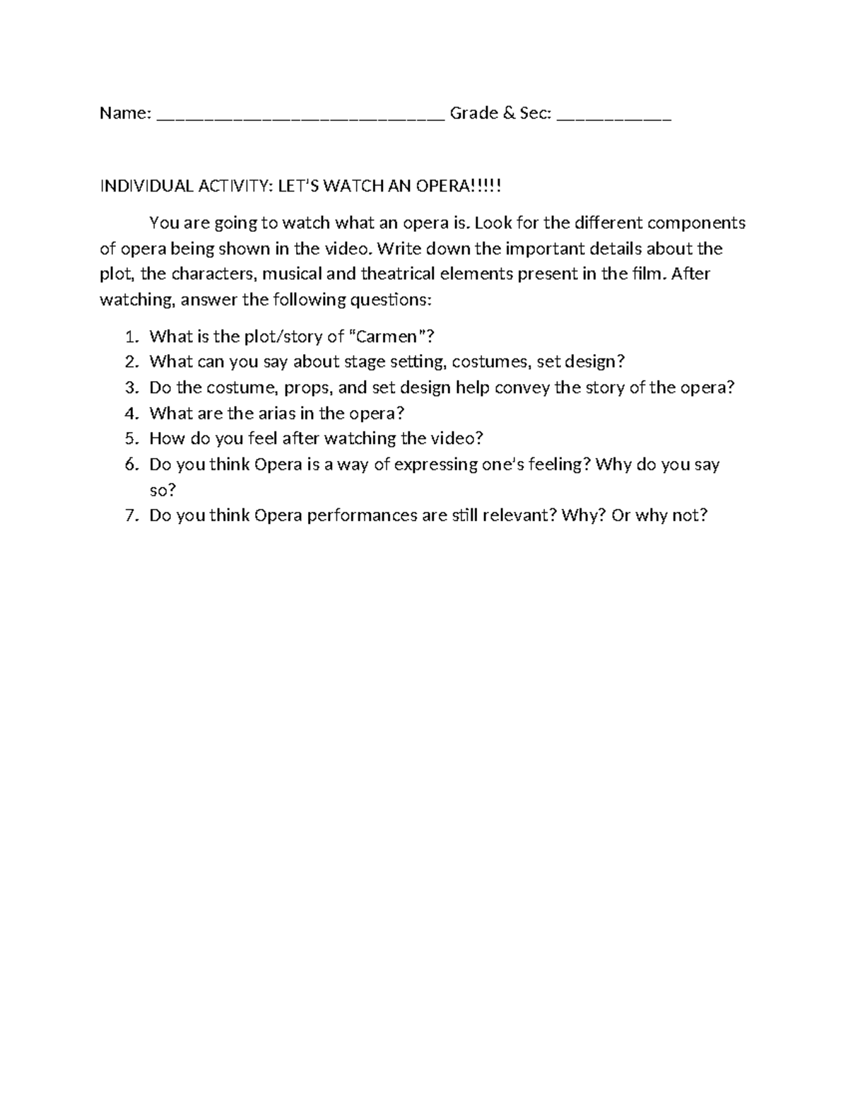 Opera grade 9 - Name: ______________________________ Grade & Sec ...