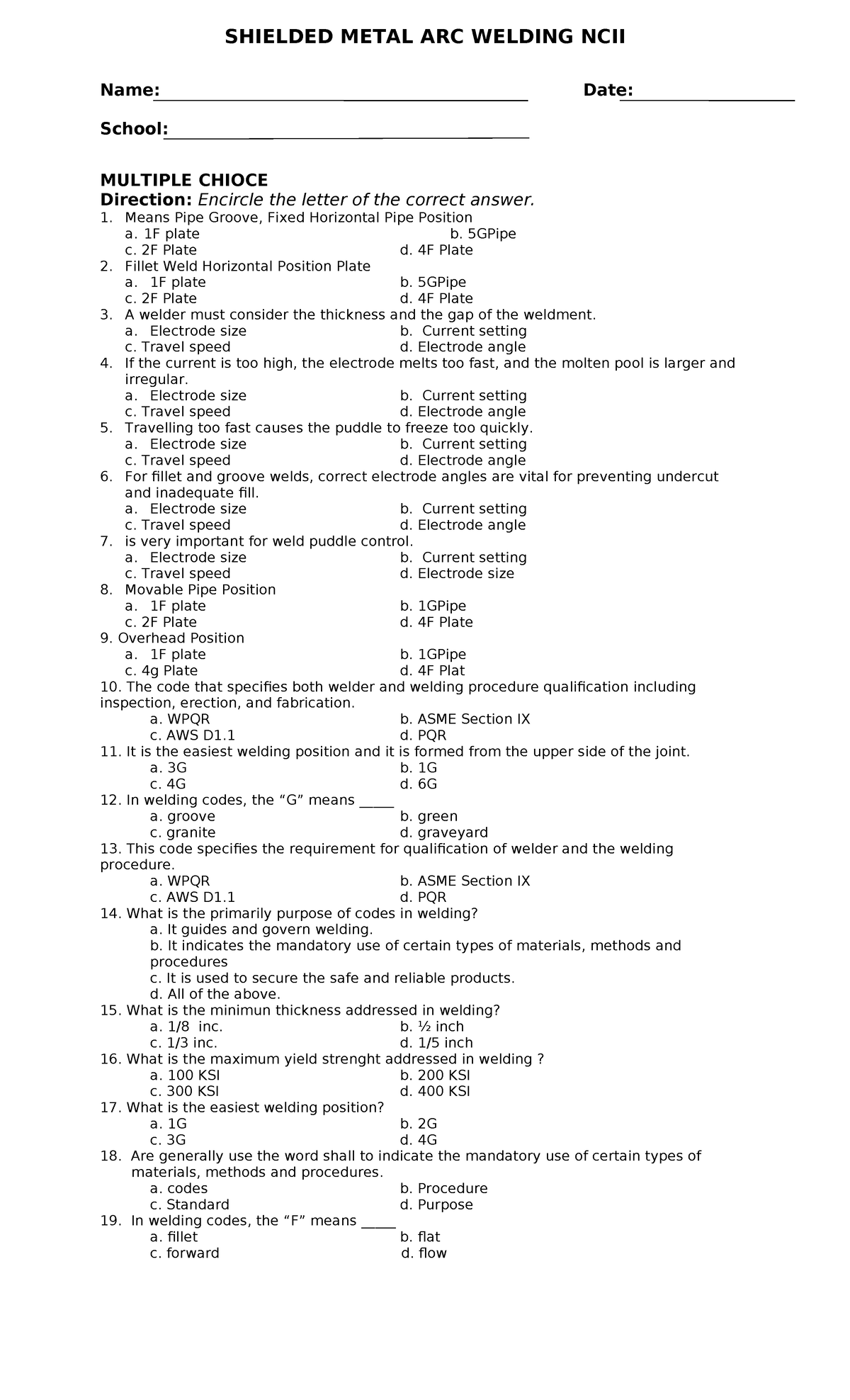 491249834 Tesda Multiple choice docx - SHIELDED METAL ARC WELDING NCII ...