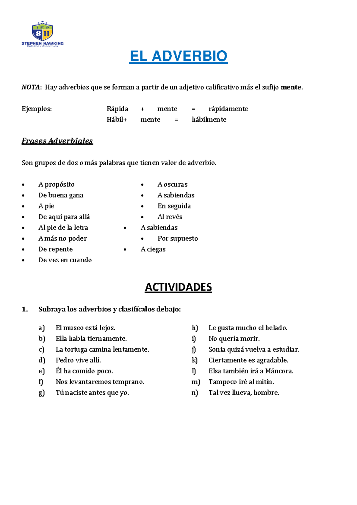 Definicion y Clases de Adverbio para Sexto de Primaria - Circulo ...