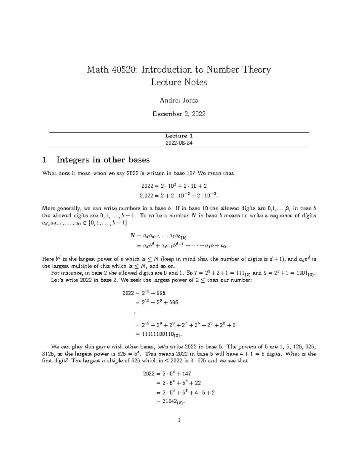 Lectures - Math 40520: Introduction to Number Theory Lecture Notes ...