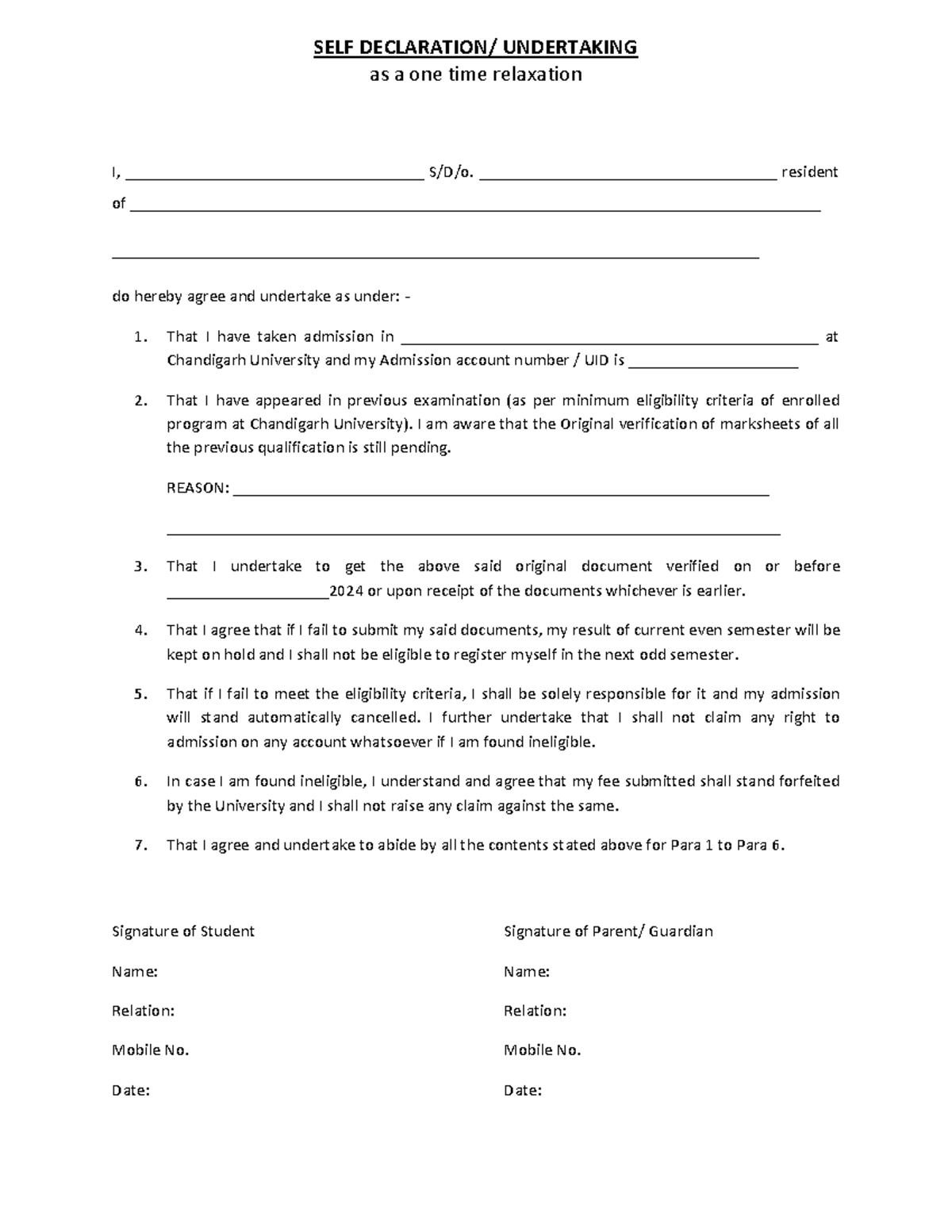 Undertaking from students 06-05-2024 - SELF DECLARATION/ UNDERTAKING as ...