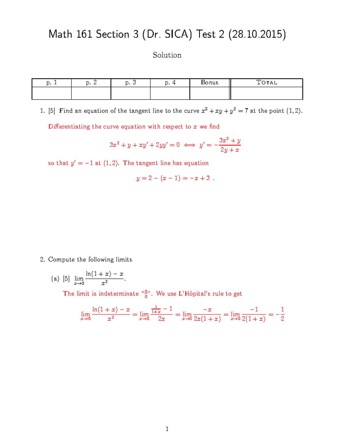 nu - Calculus practice paper - Math 161 Section 3 (Dr. SICA) Test 2 (28 ...