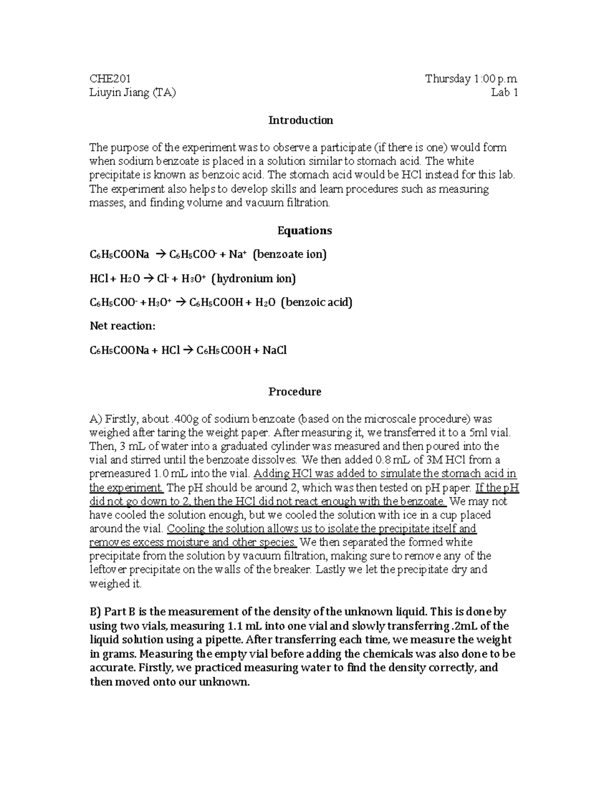 CHE201 Lab 1 Report - CHE201 Liuyin Jiang (TA) Thursday 1:00 p. Lab 1 ...