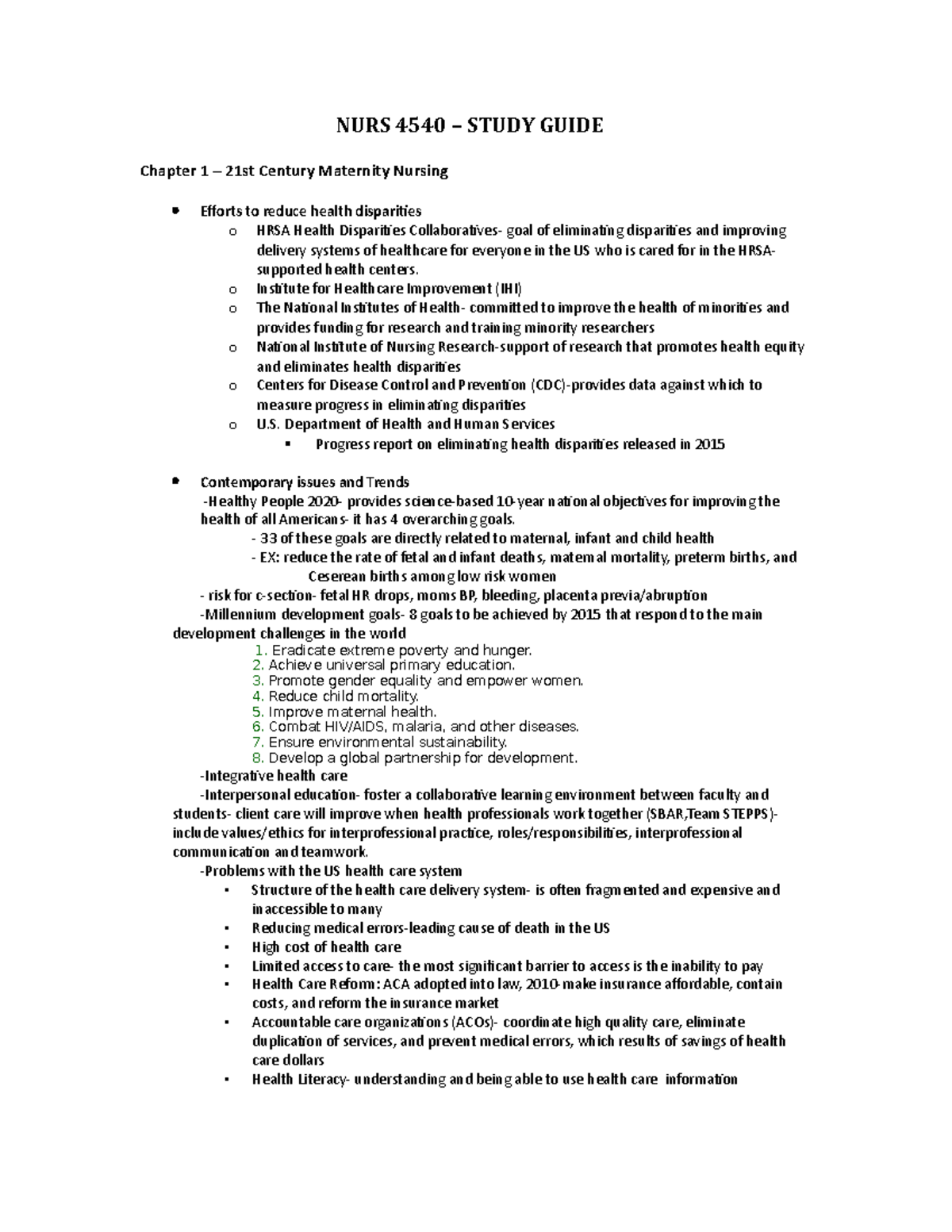 Week 1 Study Guide - NURS 4540 – STUDY GUIDE Chapter 1 – 21st Century ...