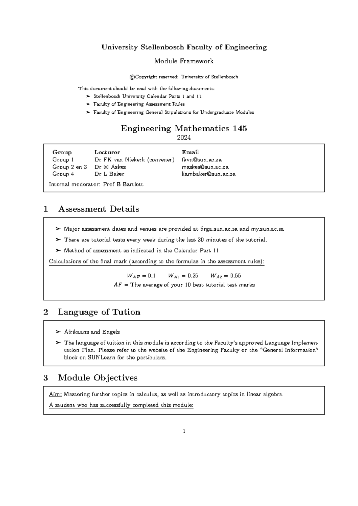 Module Framework Eng Math 145 - University Stellenbosch Faculty of ...