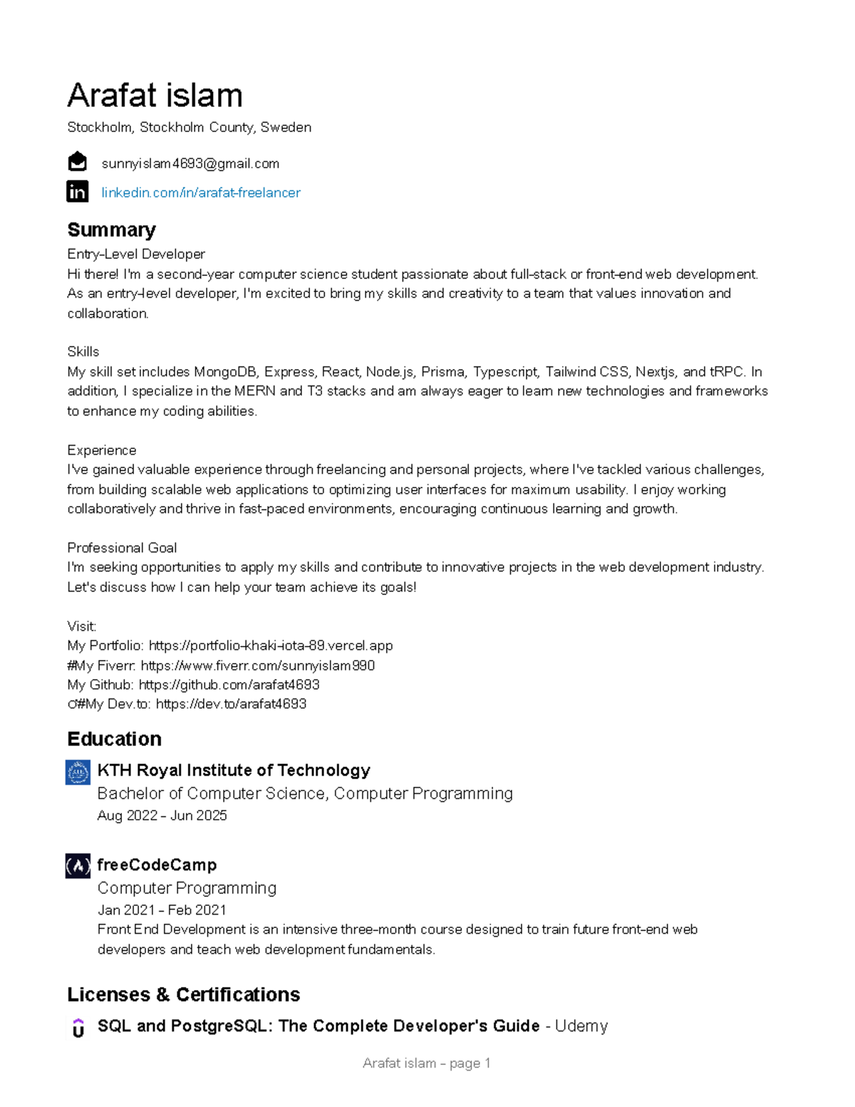 Resume-Arafat-islam - Resume Sample - Arafat islam Stockholm, Stockholm County, Sweden - Studocu