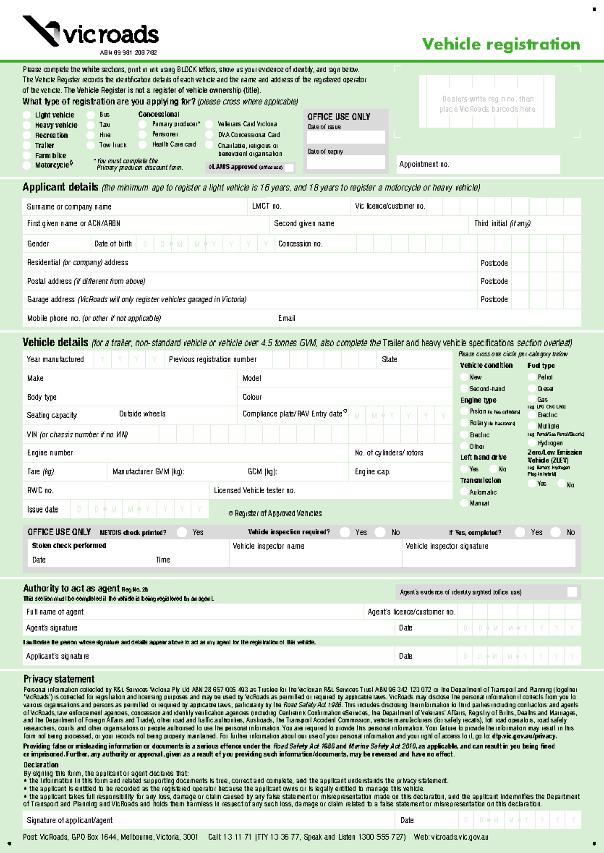 Vehicle registration form - Vehicle registration Post: VicRoads, GPO ...