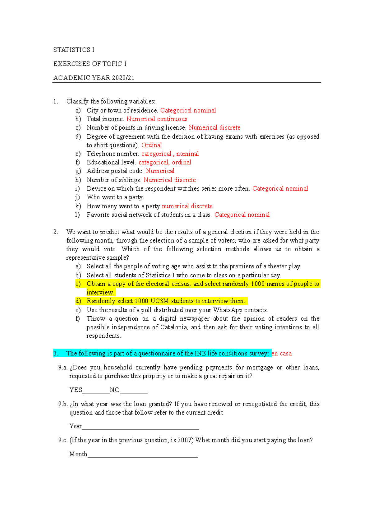 Exercises 1 statistics - STATISTICS I EXERCISES OF TOPIC 1 ACADEMIC ...