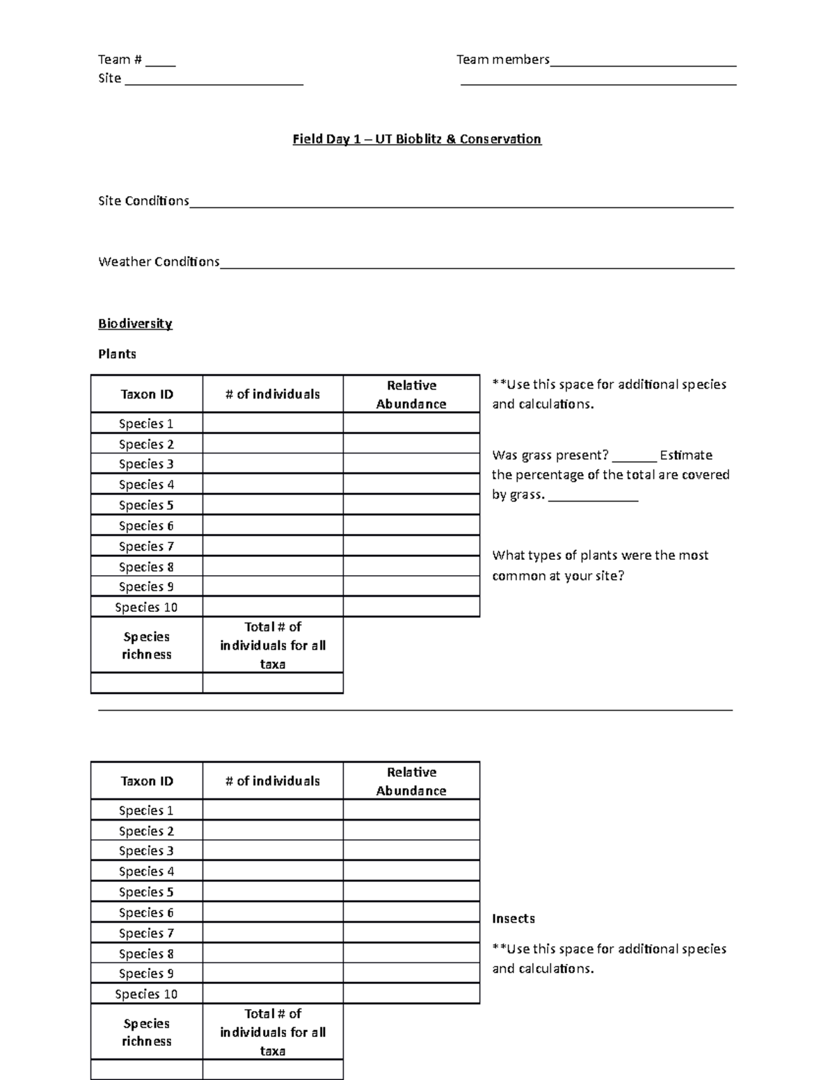 Field Day 1 worksheet biodiversity - Site ...