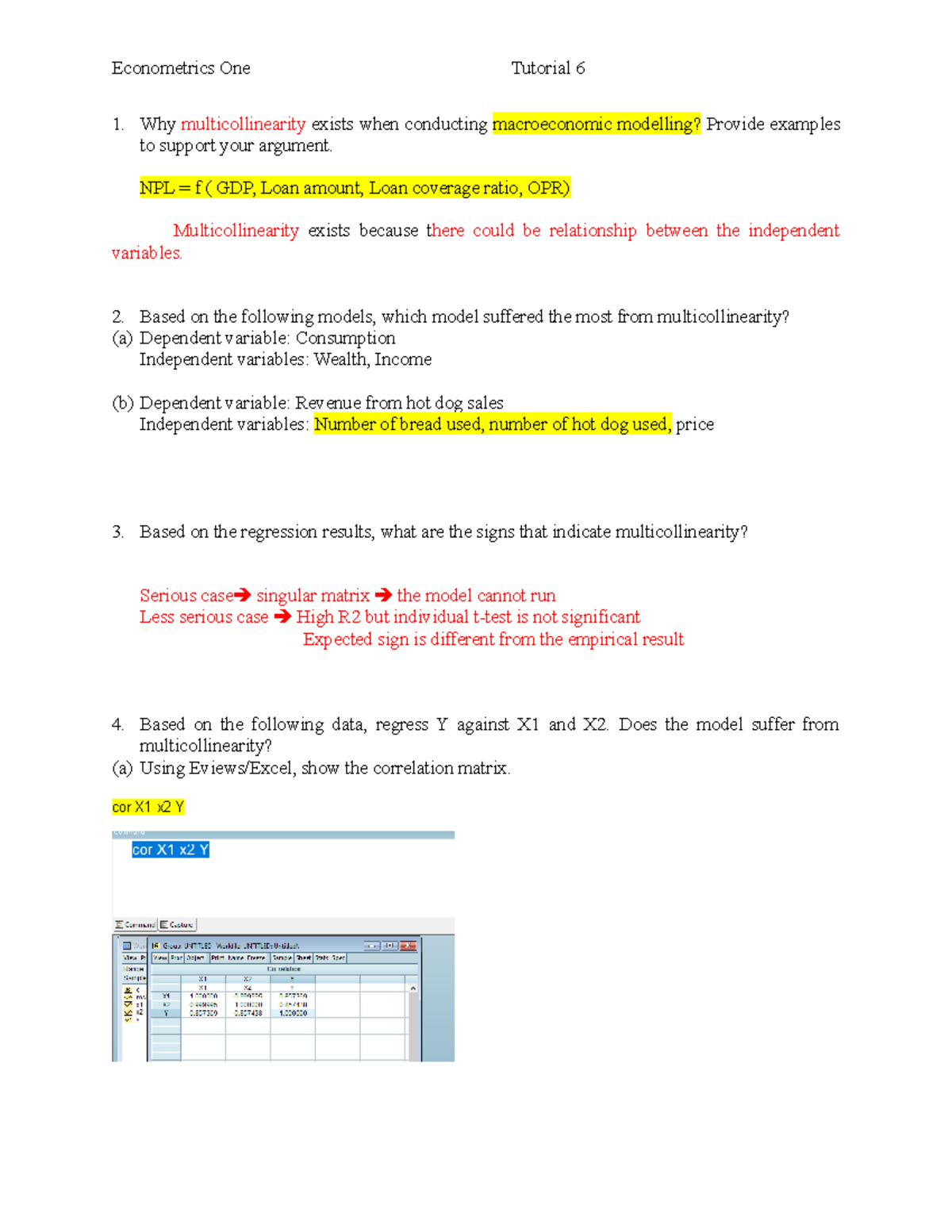 Solution Tutorial 6 - 1. Why multicollinearity exists when conducting macroeconomic modelling ...