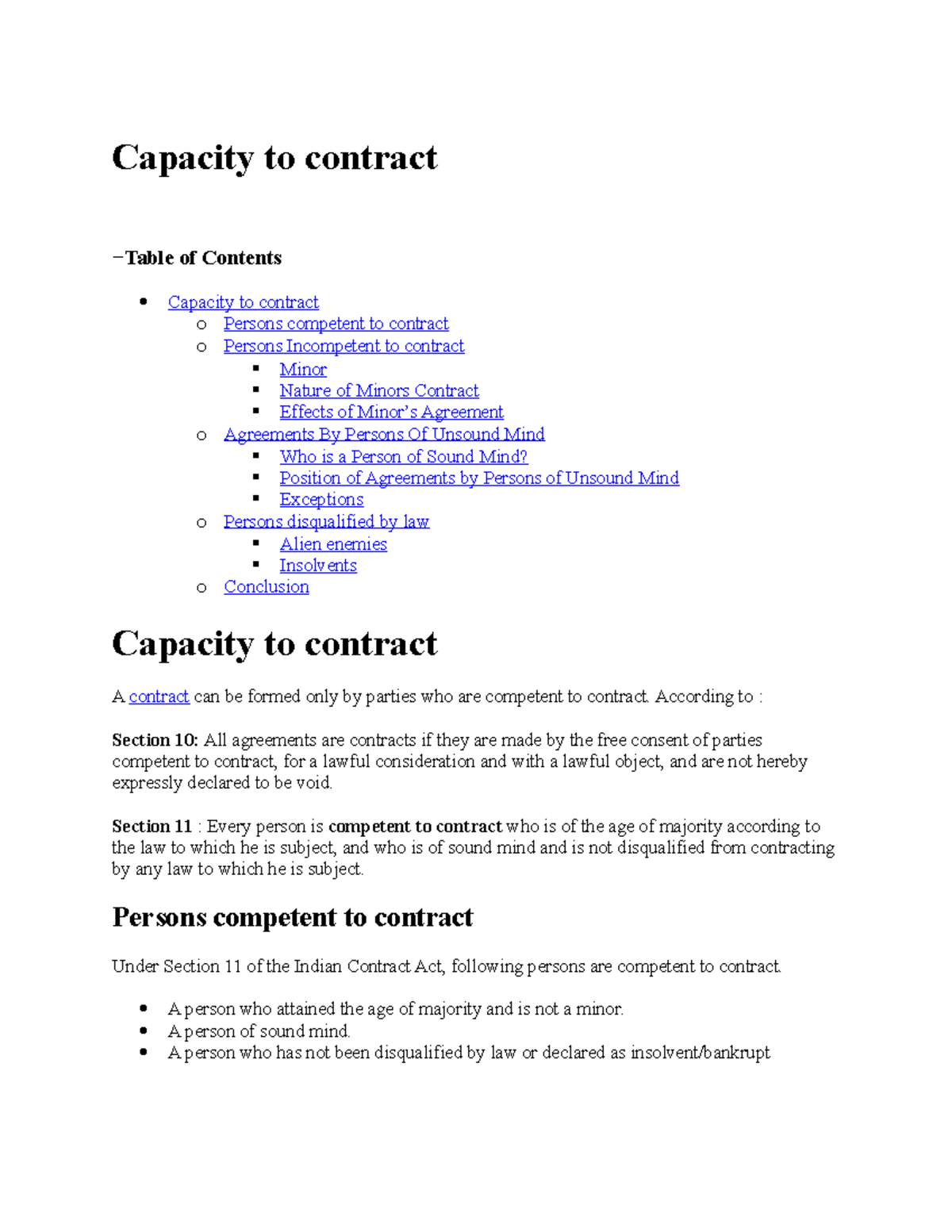 Capacity to contract - According to : Section 10: All agreements are ...