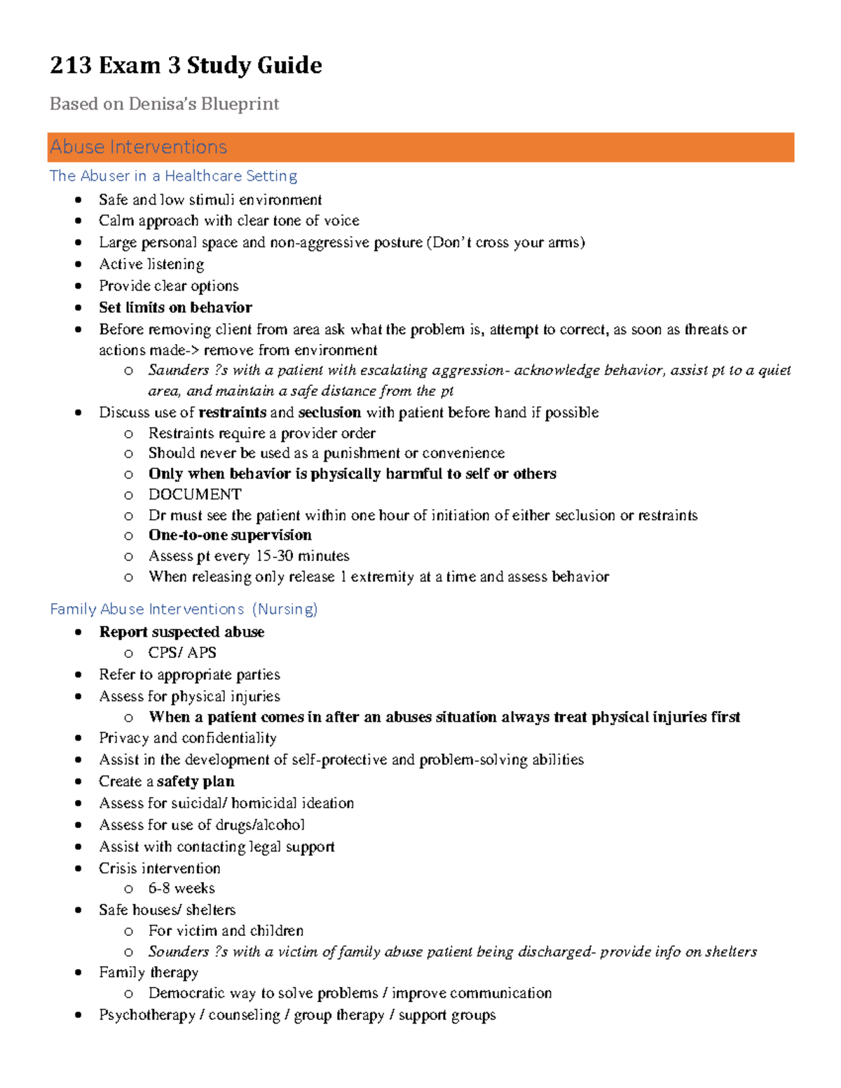 Exam 3 blue print guide - 213 Exam 3 Study Guide Based on Denisa’s ...