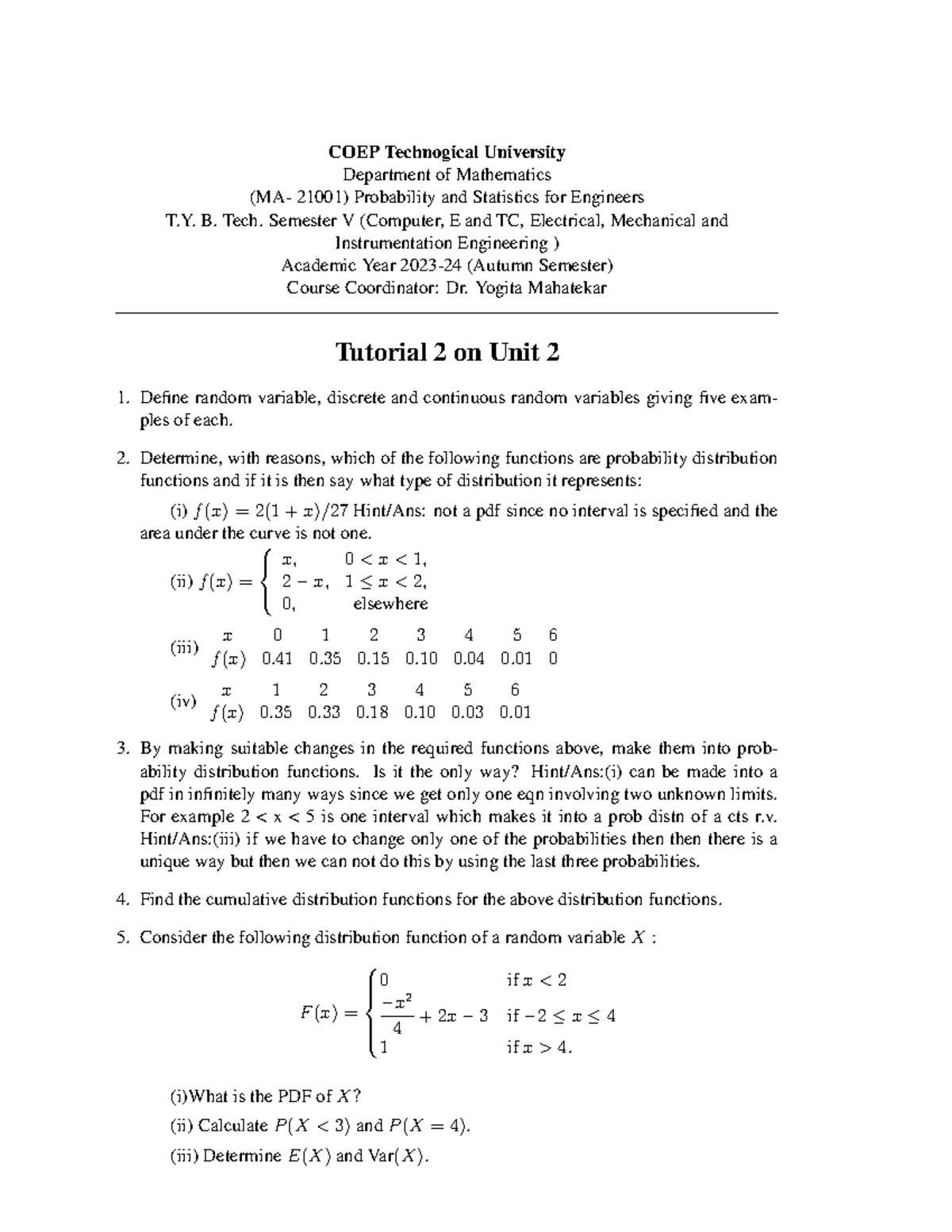 Tutorial 2 on Unit 2 - COEP Technogical University Department of Mathematics (MA- 21001 ...