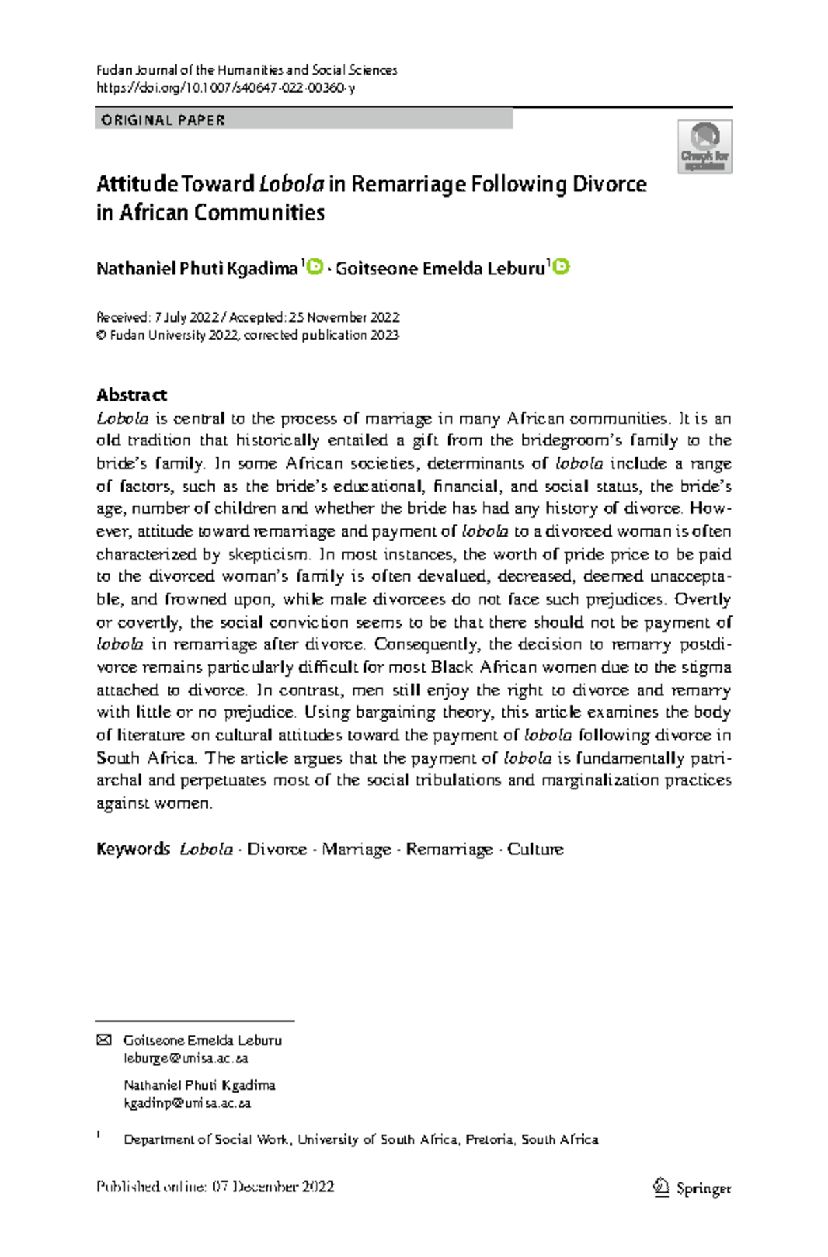 Kgadima 2022 Attitude toward Ilobolo - Vol.:(0123456789) Fudan Journal ...