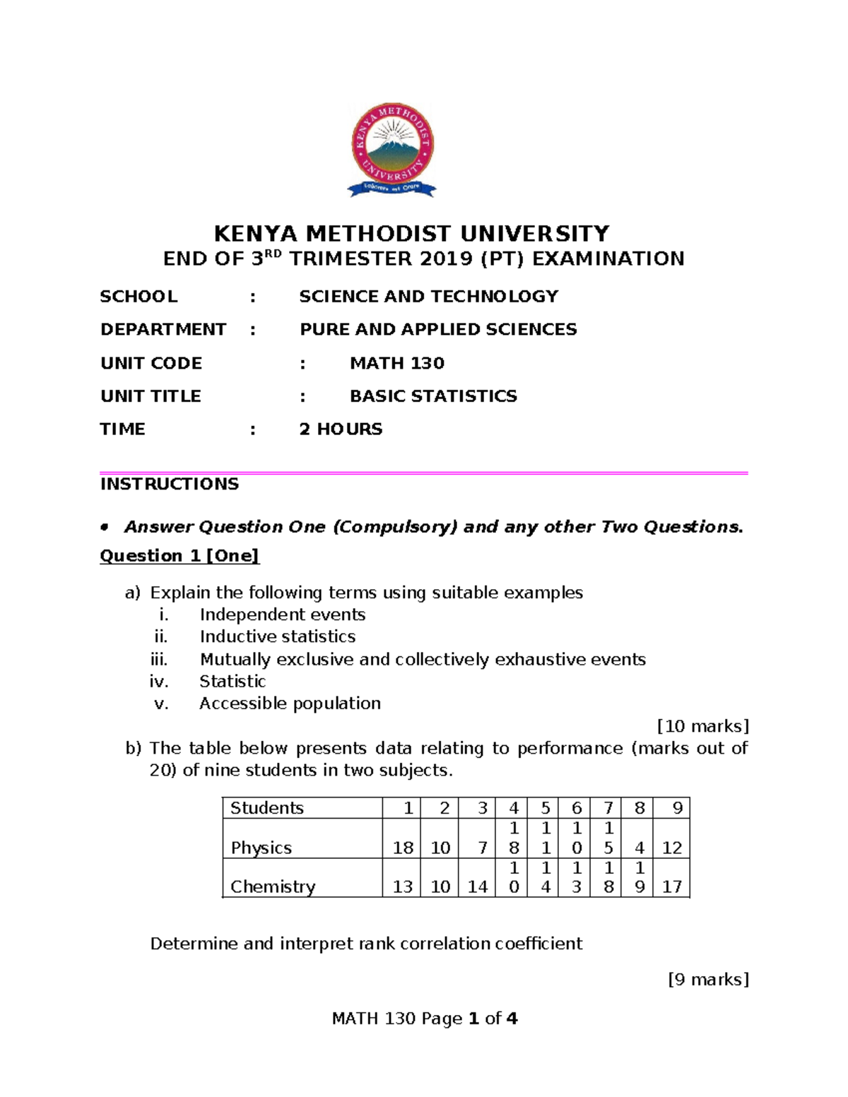 MATH 130 Basic Statistics - KENYA METHODIST UNIVERSITY END OF 3RD ...