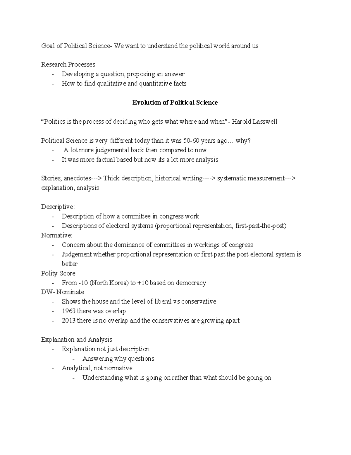 PSC 202 Notes - Goal of Political Science- We want to understand the ...