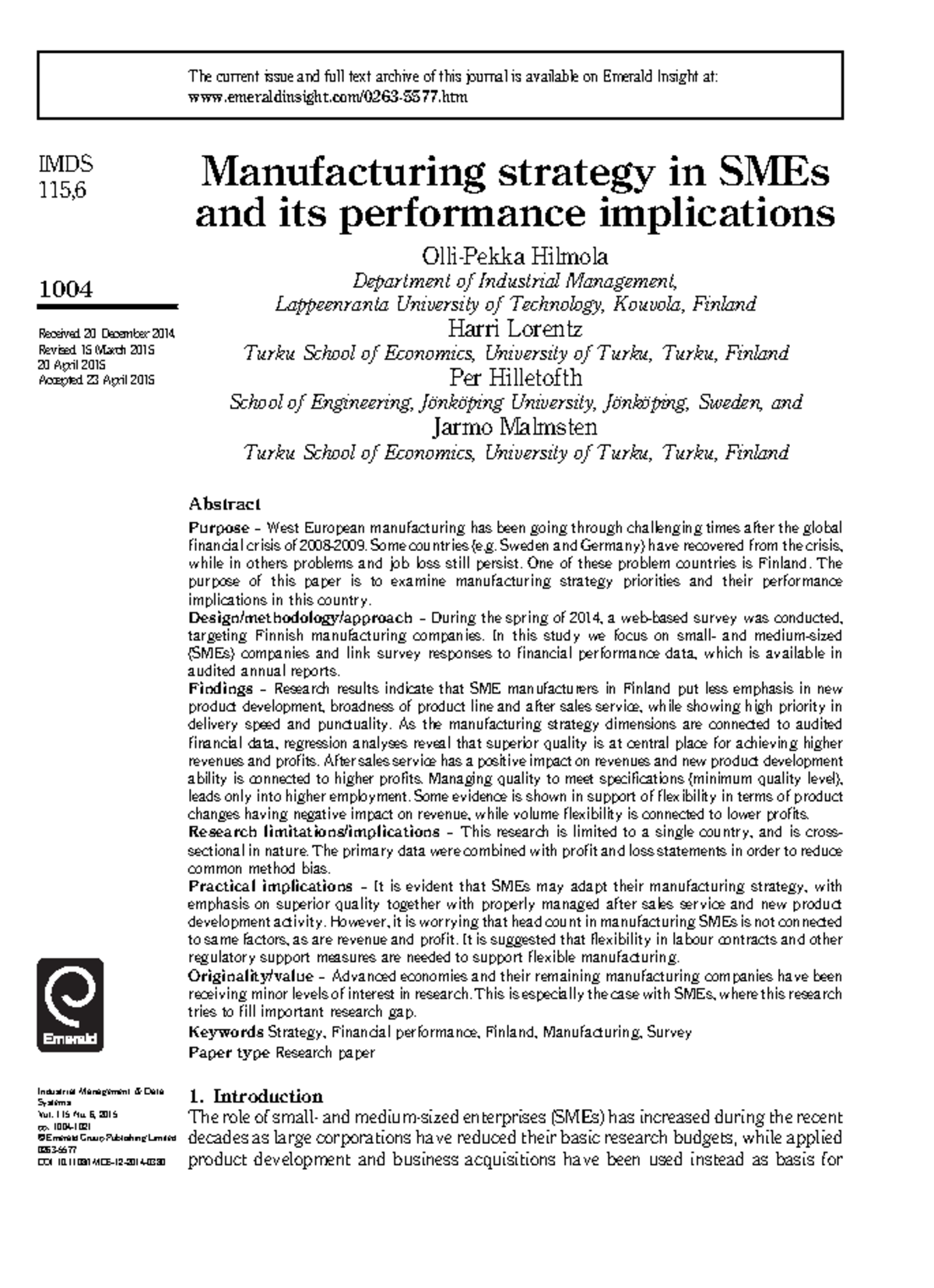 Effect of TQM principles on performance of Indian SMEs the case of ...