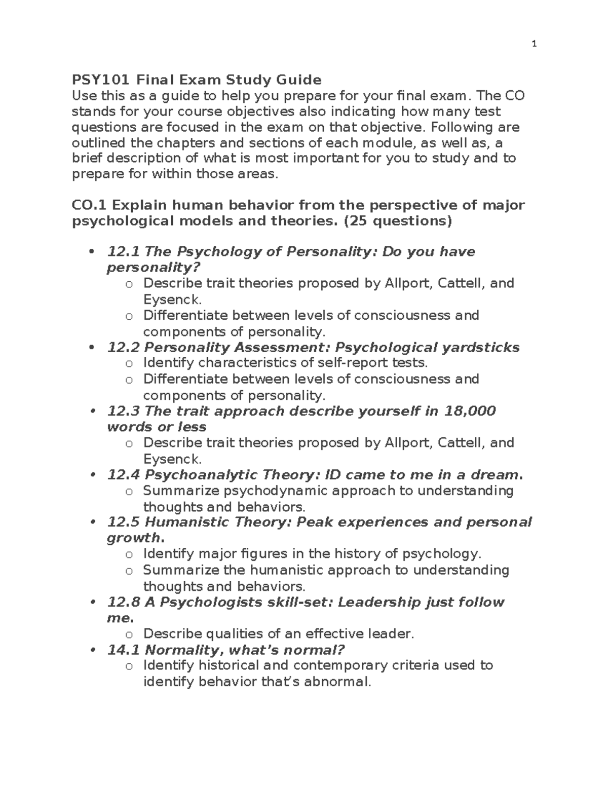PSY101 Final Exam Study Guide - The CO stands for your course ...