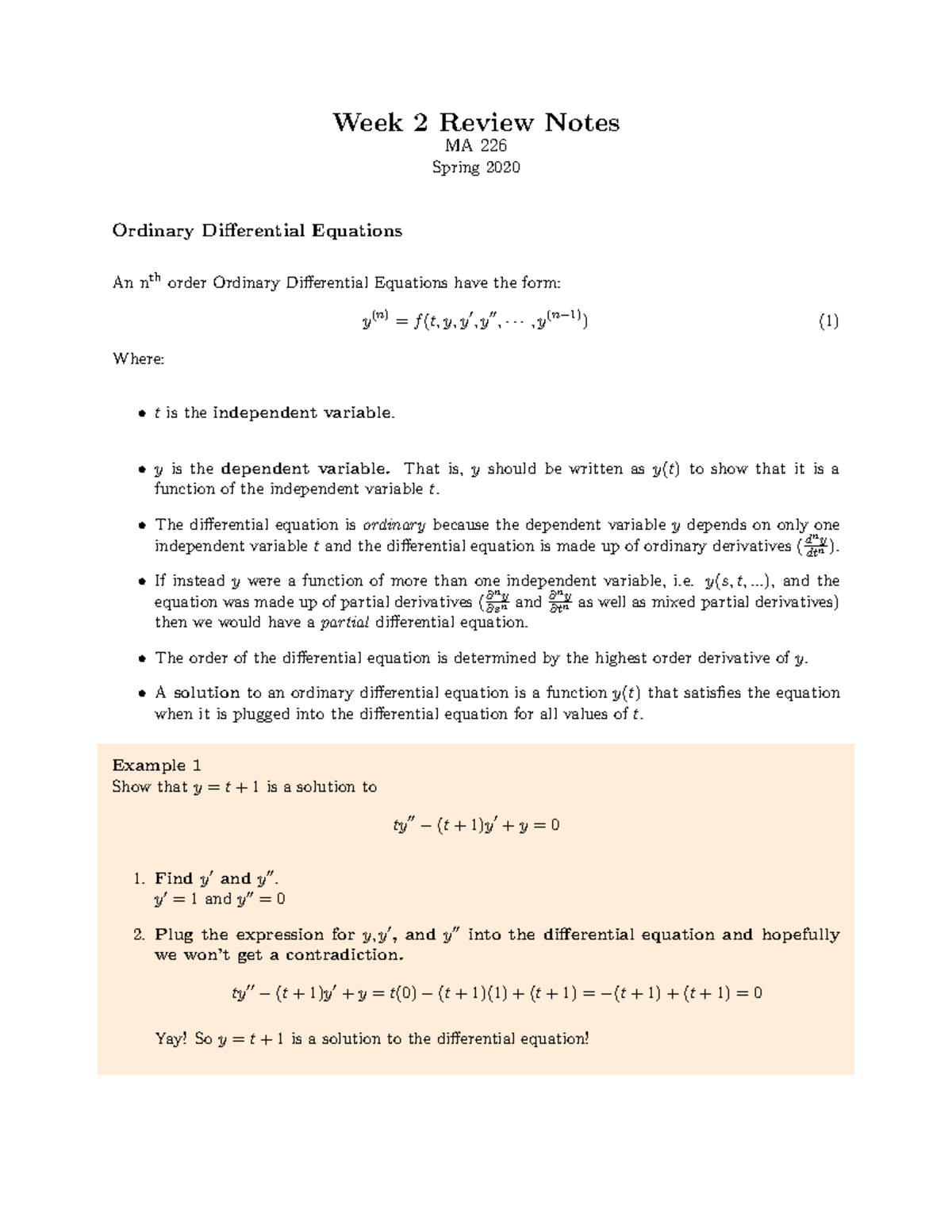 Week 2 notes - Professor Julian Fekety - Week 2 Review Notes MA 226 ...