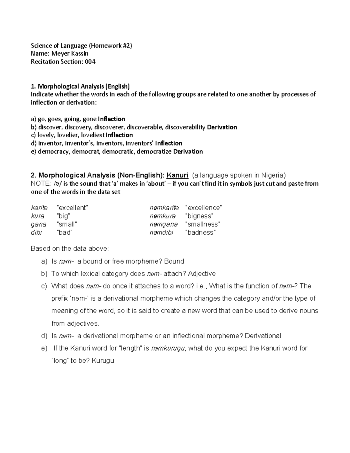 Sci Lang S2020 HW2 morphology 2 - Science of Language (Homework #2 ...