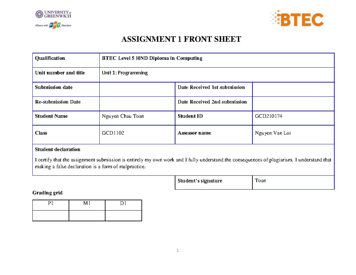 Assignment 1 1618 report - ASSIGNMENT 1 FRONT SHEET Qualification BTEC Level 5 HND Diploma in ...