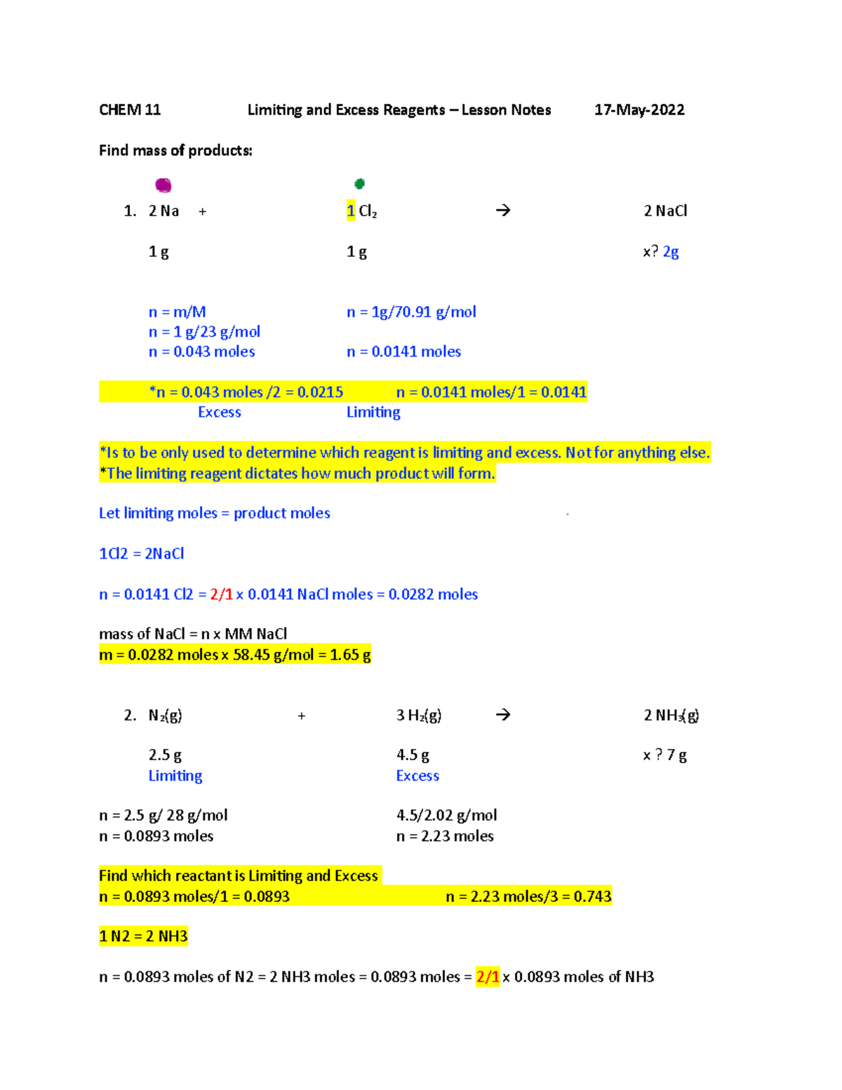 CHEM 11 Limiting and Excess Reagents 17 May-2022 (2) - CHEM 11 Limiting ...