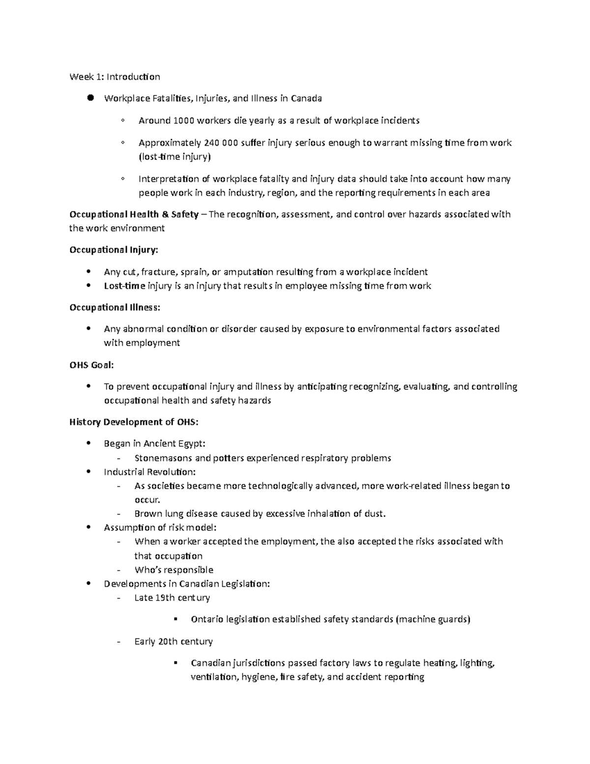 Occupational Health & Safety Notes - Week 1: Introduction Workplace ...