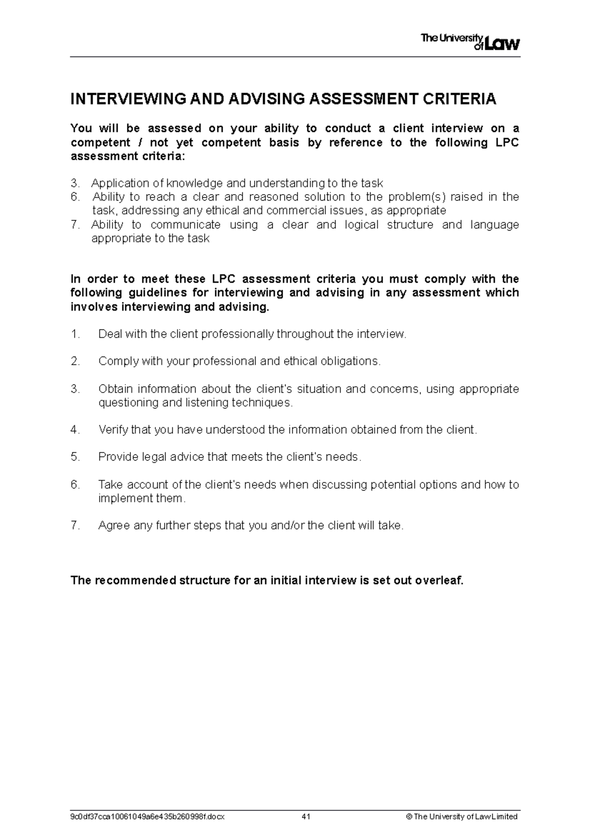 Interview criteria - INTERVIEWING AND ADVISING ASSESSMENT CRITERIA You ...