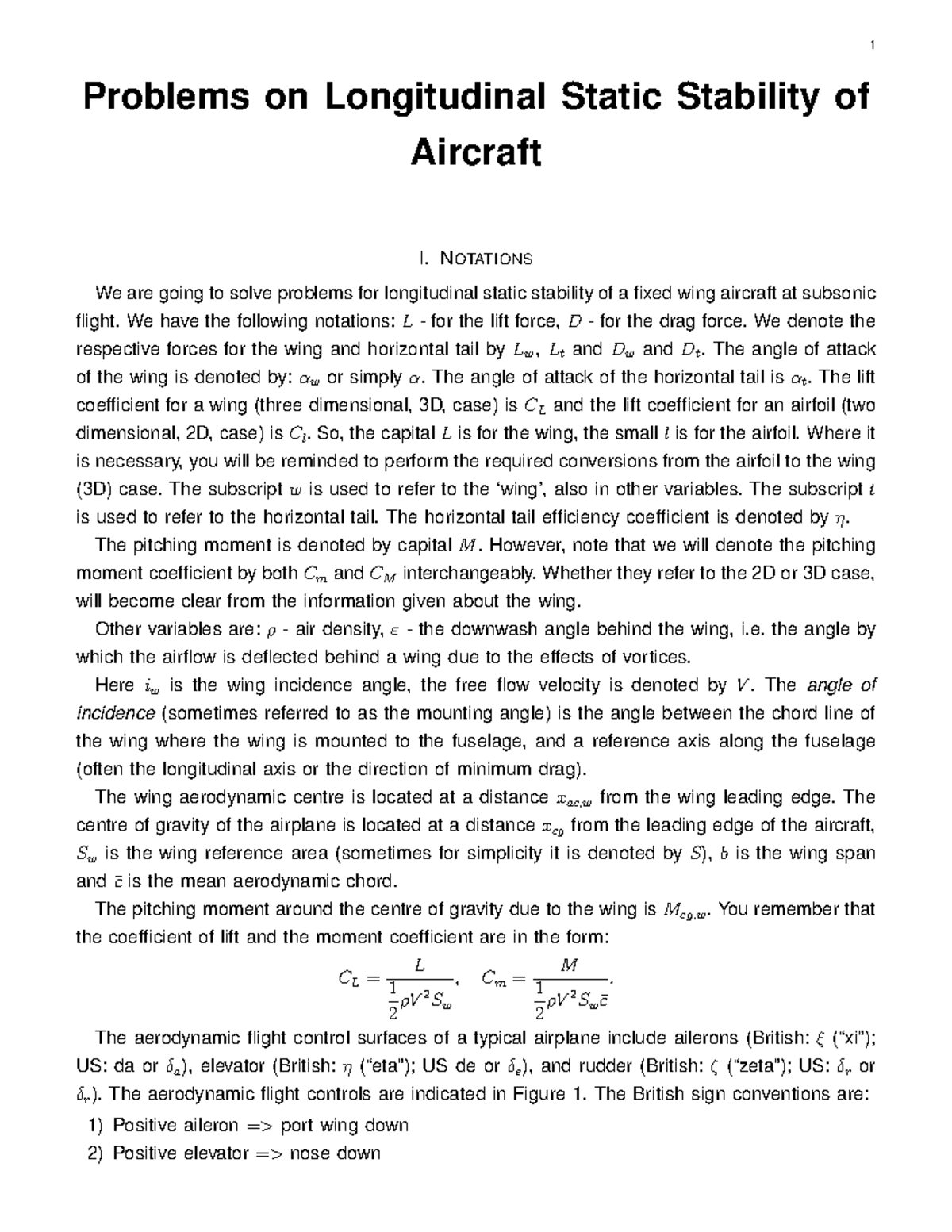 Problems on Longitudinal Static Stability - NOTATIONS We are going to ...