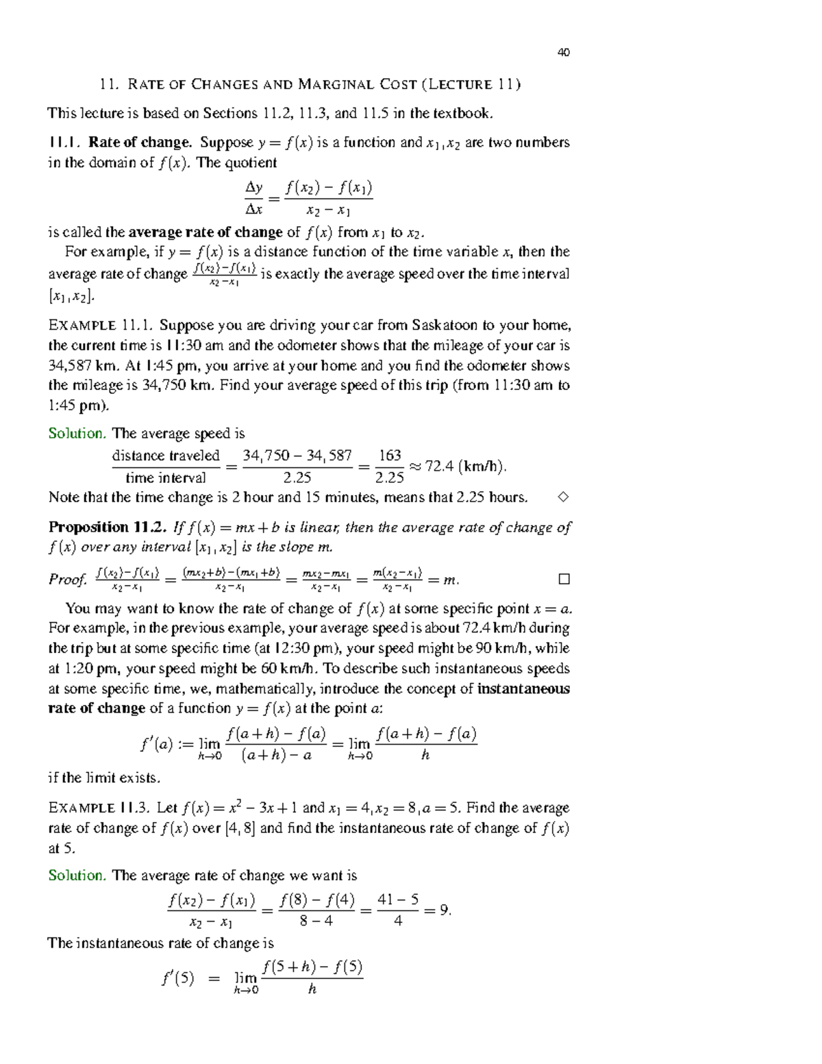 Lec11 full notes - 11. R ATE OF C HANGES AND M ARGINAL C OST (L ECTURE ...