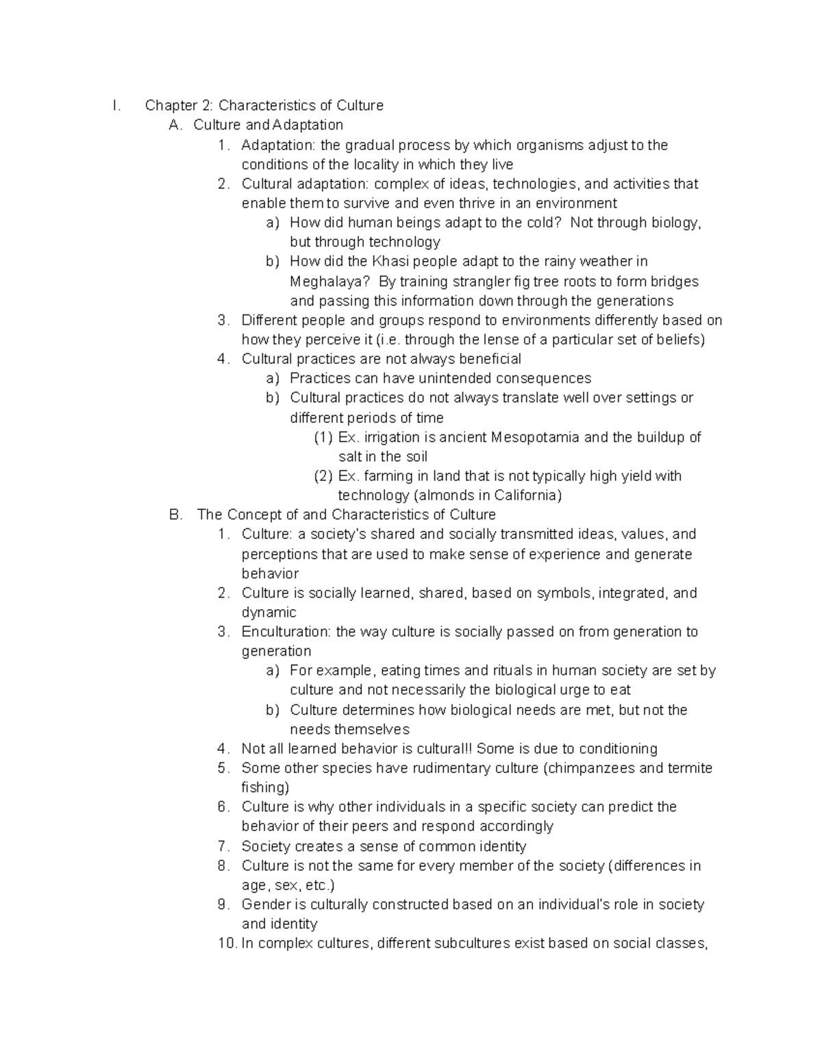Week 1 Anthro Reading Notes - I. Chapter 2: Characteristics of Culture ...