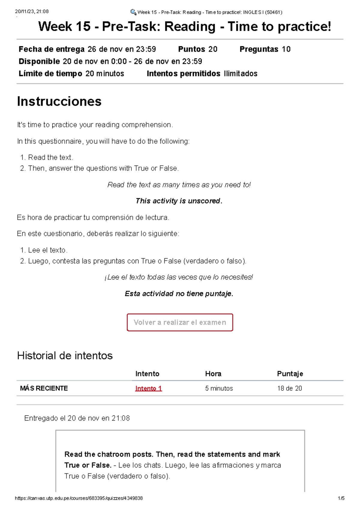 🔍 Week 15 - Pre-Task Reading - Time to practice Ingles I (50461) - 🔍 ...