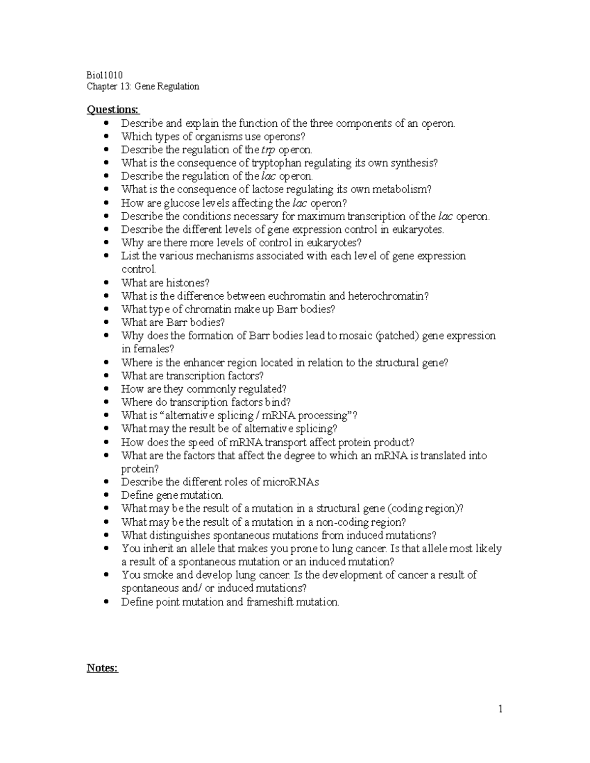 Chapter 13 Biol1010 notes - Biol Chapter 13: Gene Regulation Questions ...