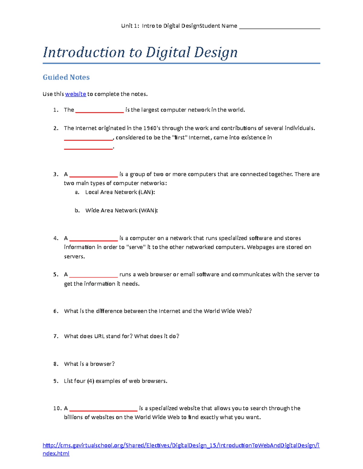 Introduction to Web and Digital Design Guided Notes - Unit 1: Intro to ...