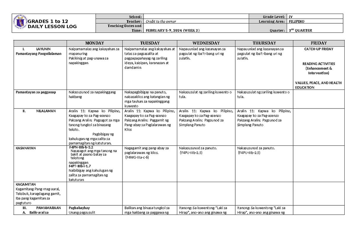 DLL Filipino 4 Q3 W2 - ghuvu - GRADES 1 to 12 DAILY LESSON LOG School: Grade Level: IV Teacher ...