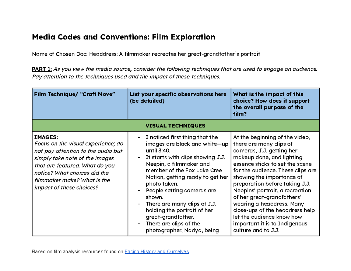 NBE 3C Media Codes and Conventions Film Exploration- 2 - Media Codes ...