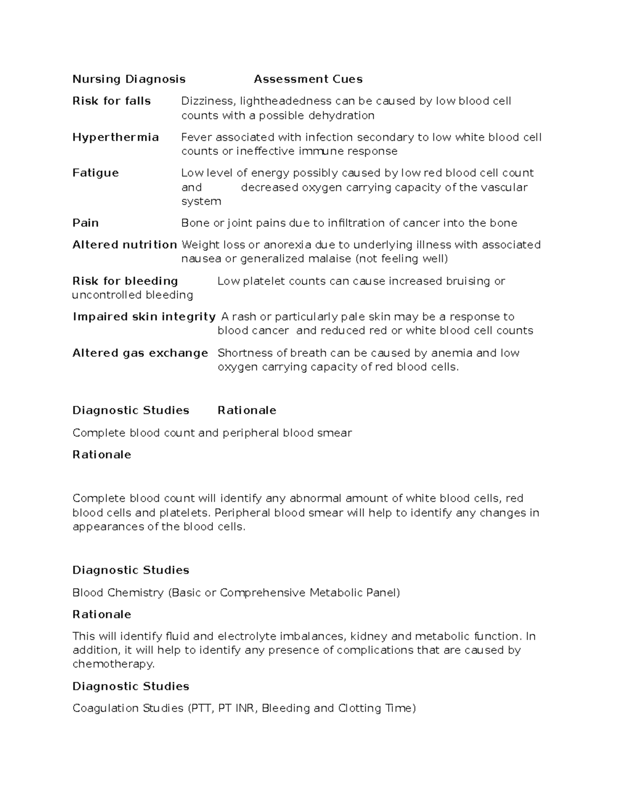 Week 7 cues and DX - Cues and Diagnosis - Nursing Diagnosis Assessment ...