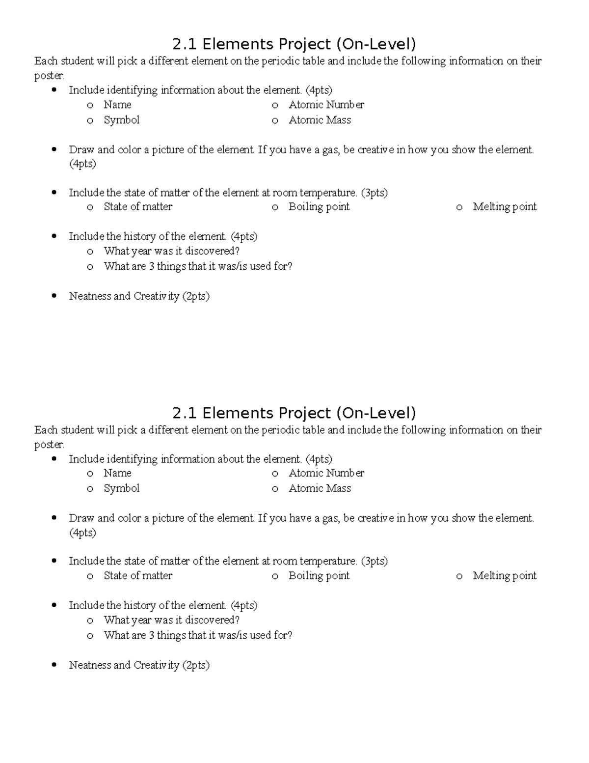 2.1 Elements Project OL - 2 Elements Project (On-Level) Each student ...