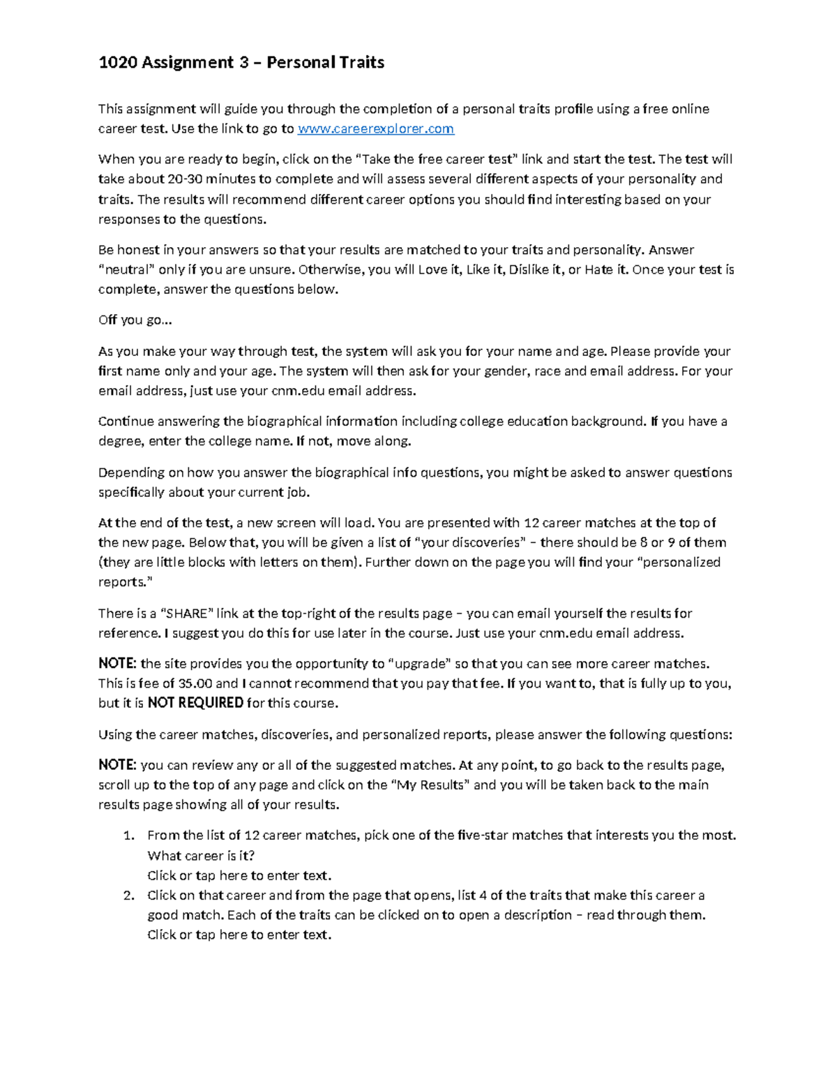 1020 Assignment 3 Personal Traits (1) - 1020 Assignment 3 – Personal ...