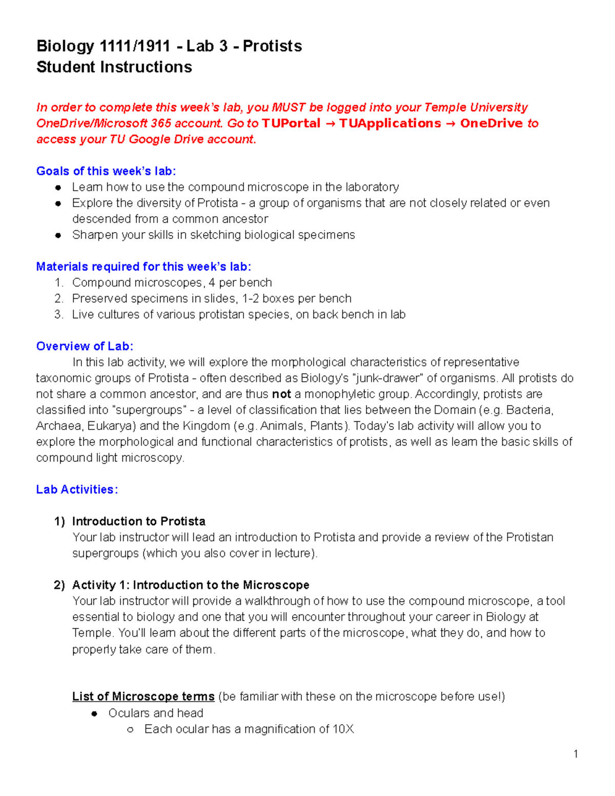 Lab 3 - Protists - Student Instructions - Biology 1111/1911 - Lab 3 - Protists Student ...