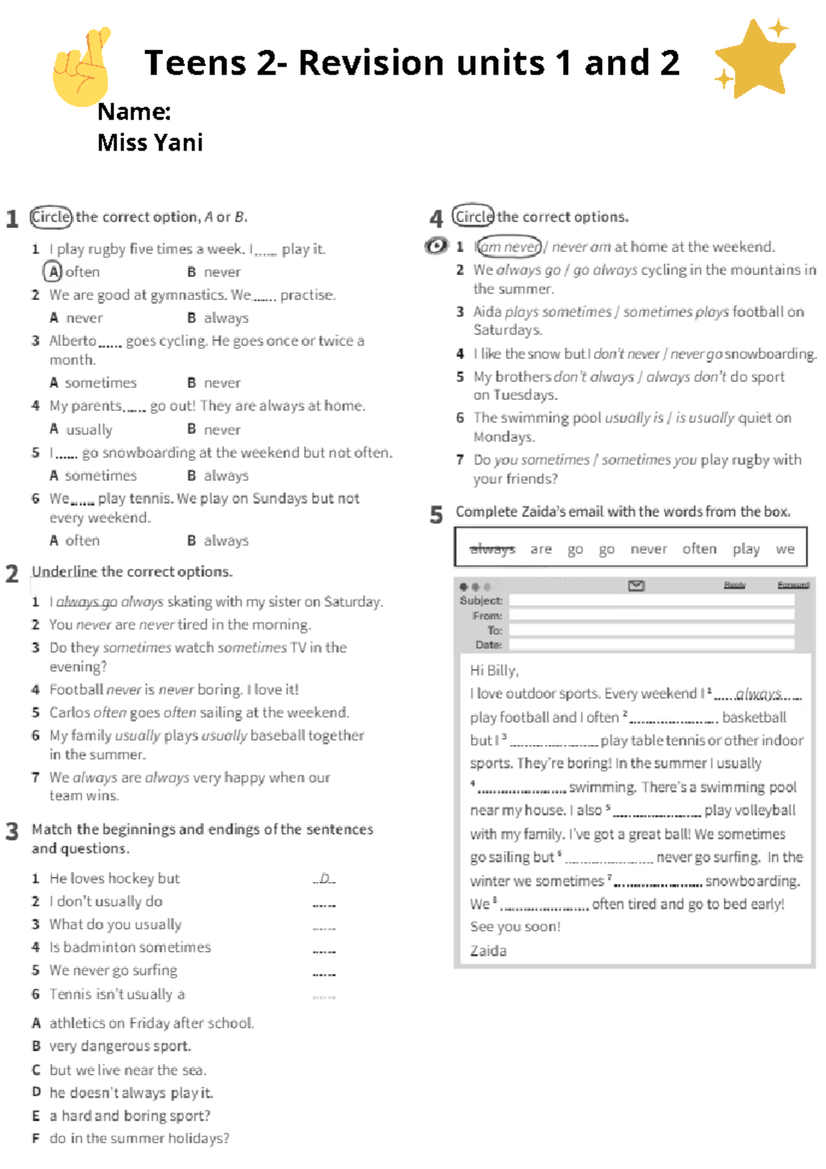 Teens 2, REViSION - Literatura - Teens 2- Revision units 1 and 2 Name ...