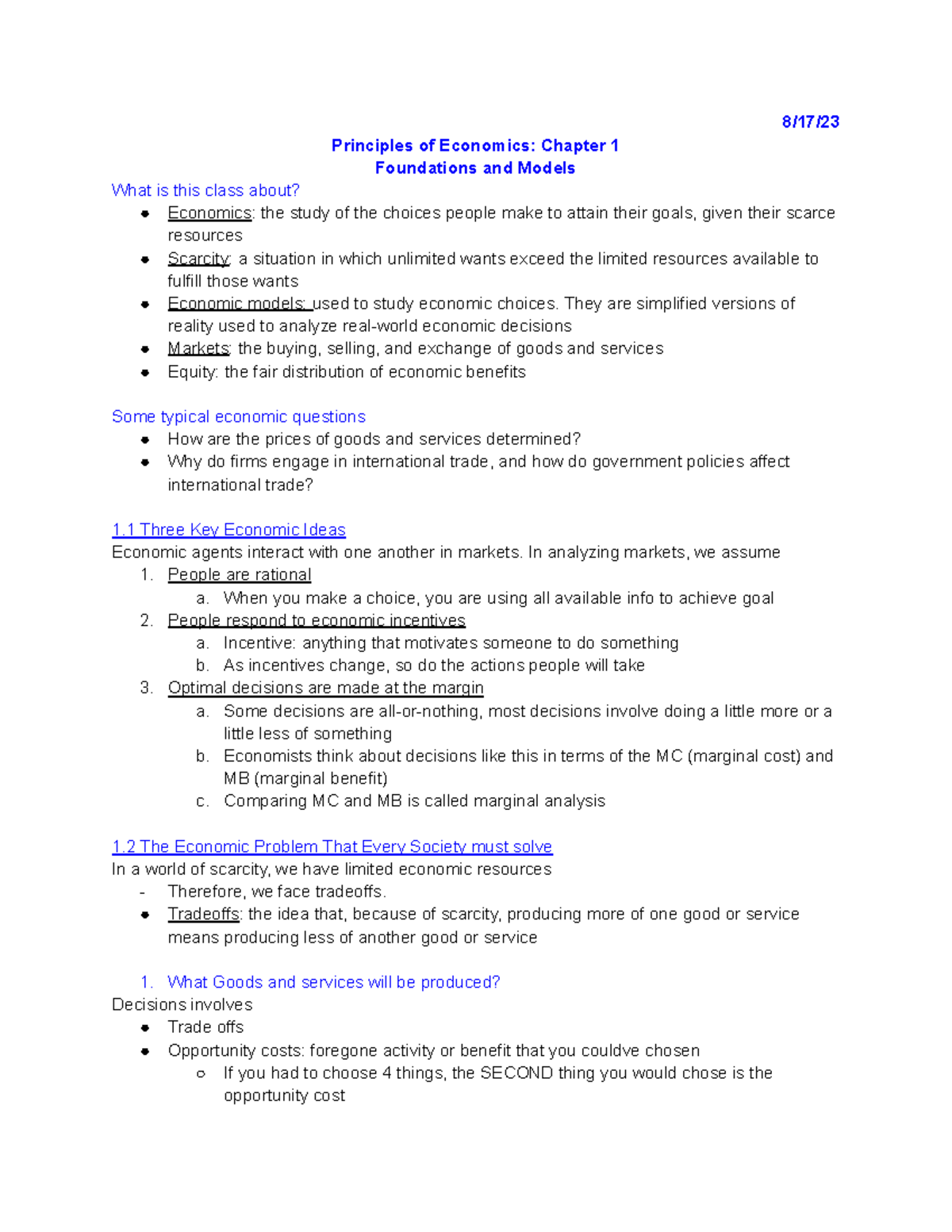 Principles of Microeconomics Lecture ch. 1 notes - 8/17/ Principles of ...