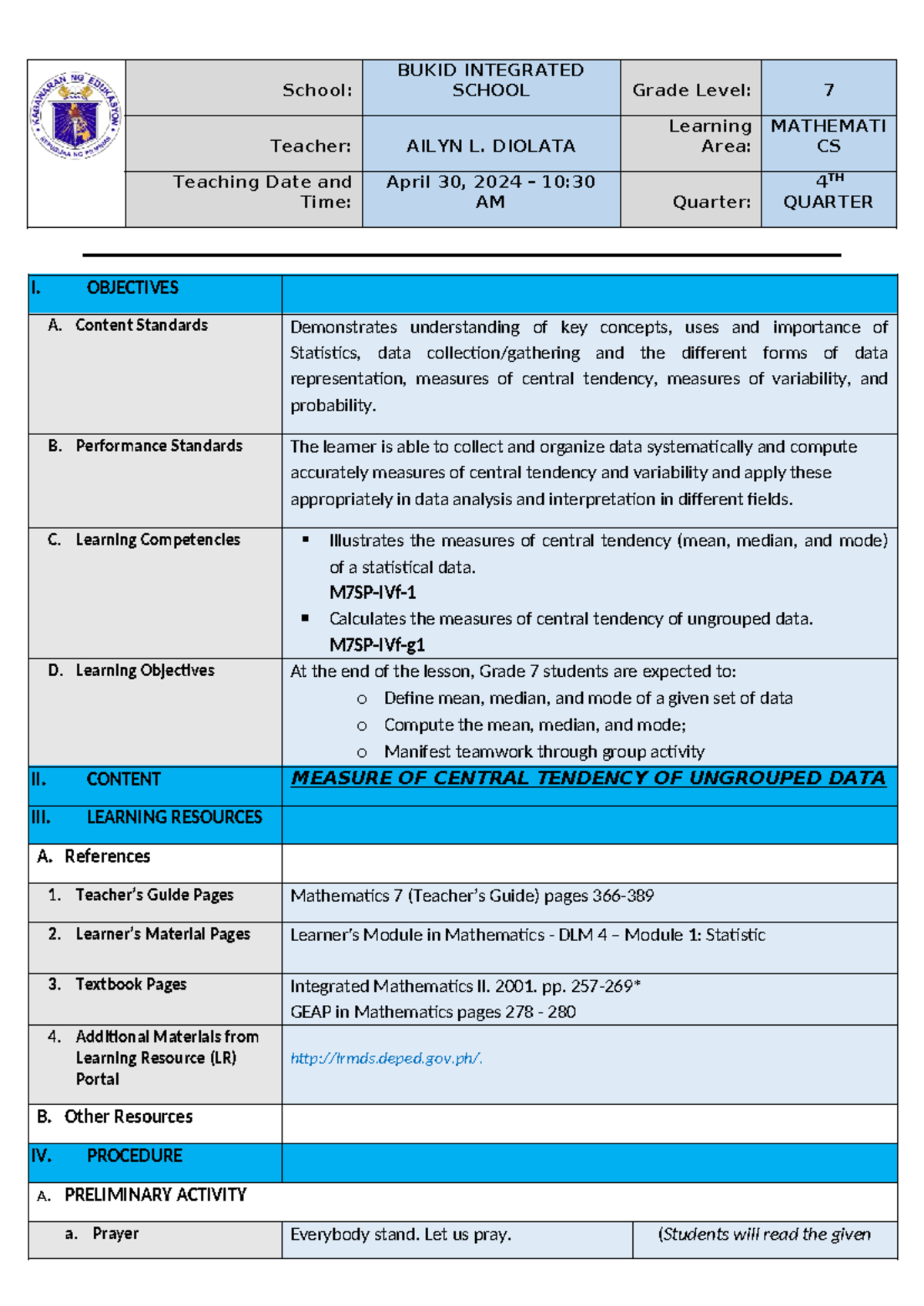 Lesson PLAN - I. OBJECTIVES A. Content Standards Demonstrates ...
